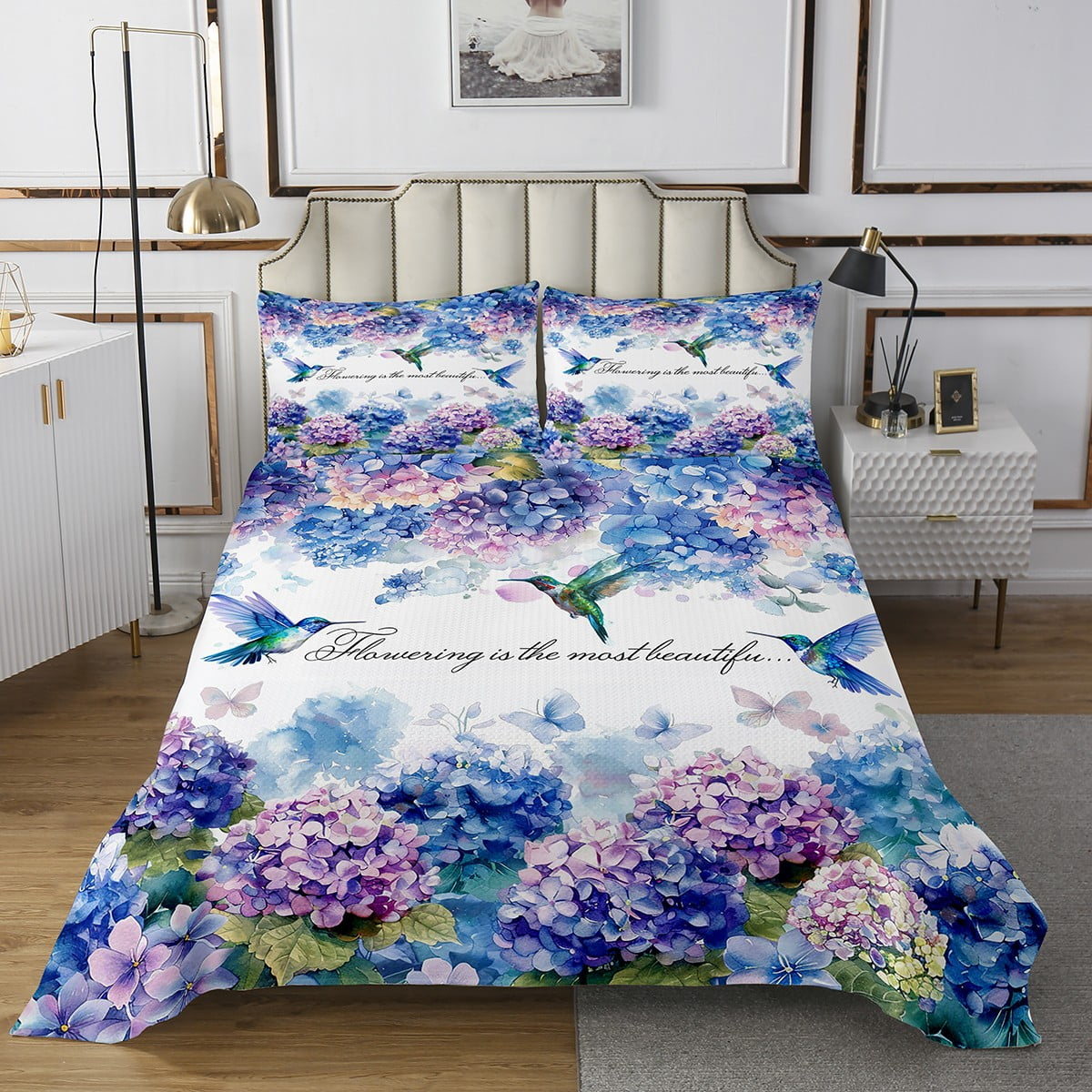 YST Kawaii Humming Bird Quilt Set Navy Blue Bedspread Set, Watercolor ...