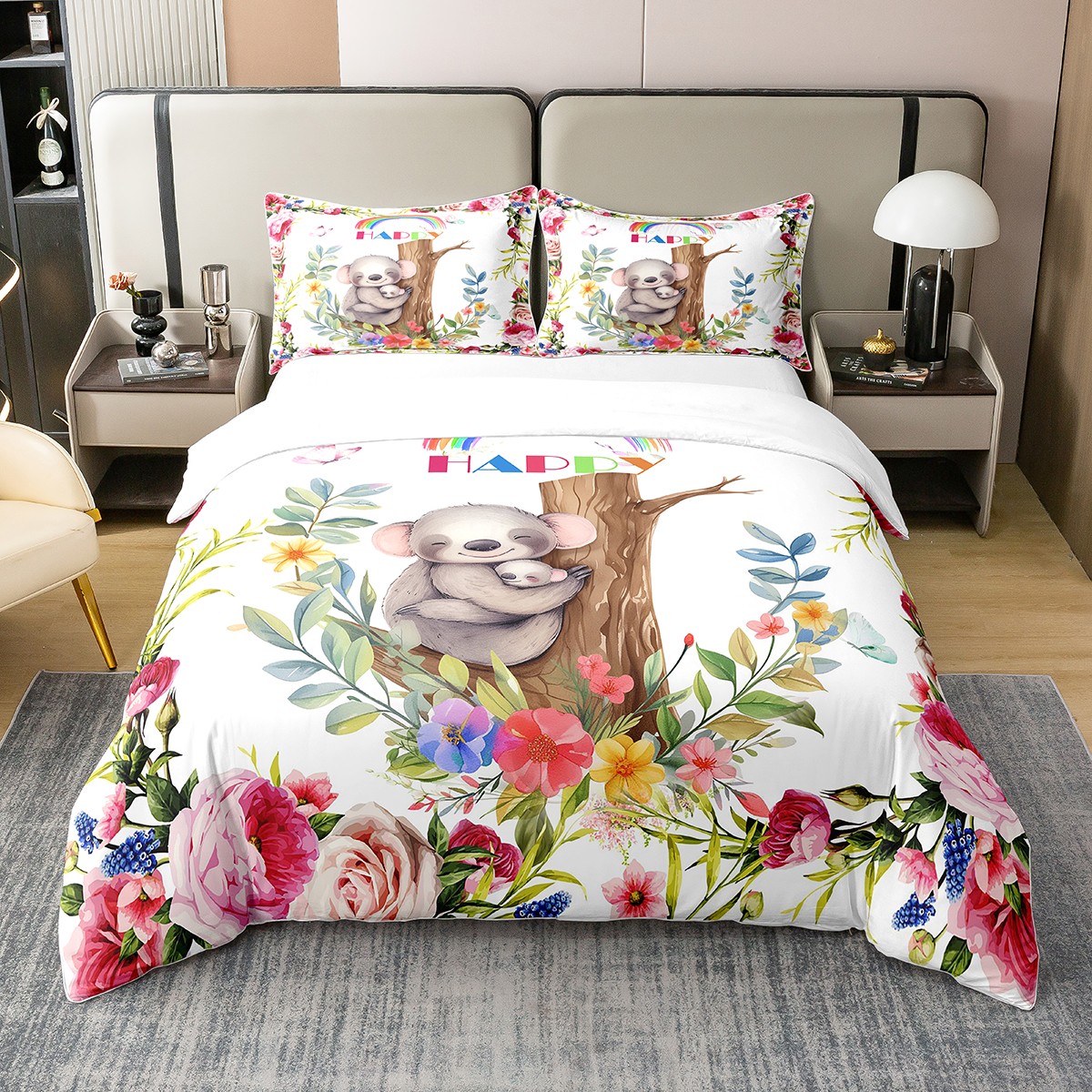 YST Kawaii Koala 100% Cotton Bedding Set For Kids Girls Happy Rainbow ...