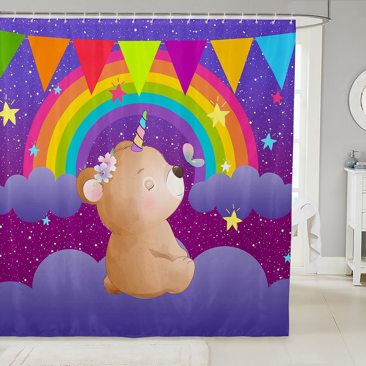 Kawaii Bear Fabric Shower Curtain Cartoon Galaxy Stars Fantasy Shower Curtain 84.00"x72.00" Bath ...