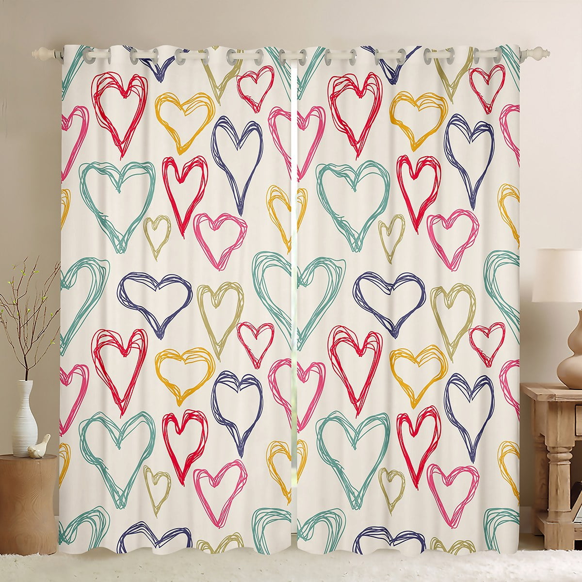 YST Kawaii Love Heart Blackout Curtains Geometric Lines Curtains ...