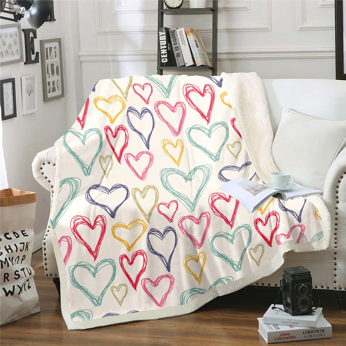 Kawaii Love Heart Throw Blanket for Couch Geometric Lines Sherpa ...