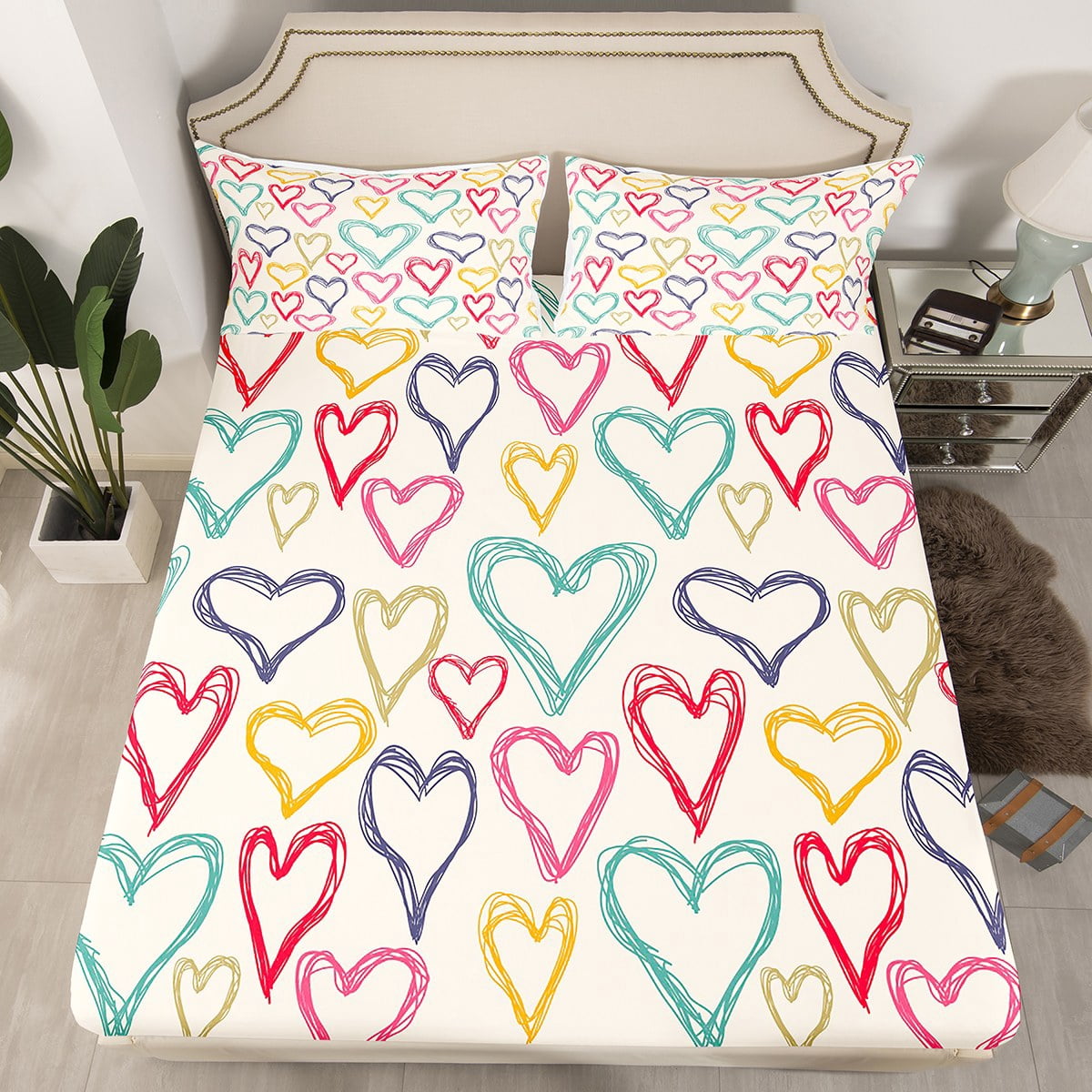 YST Kawaii Love Heart Twin Sheets Geometric Lines Bed Sheets, Hippie ...