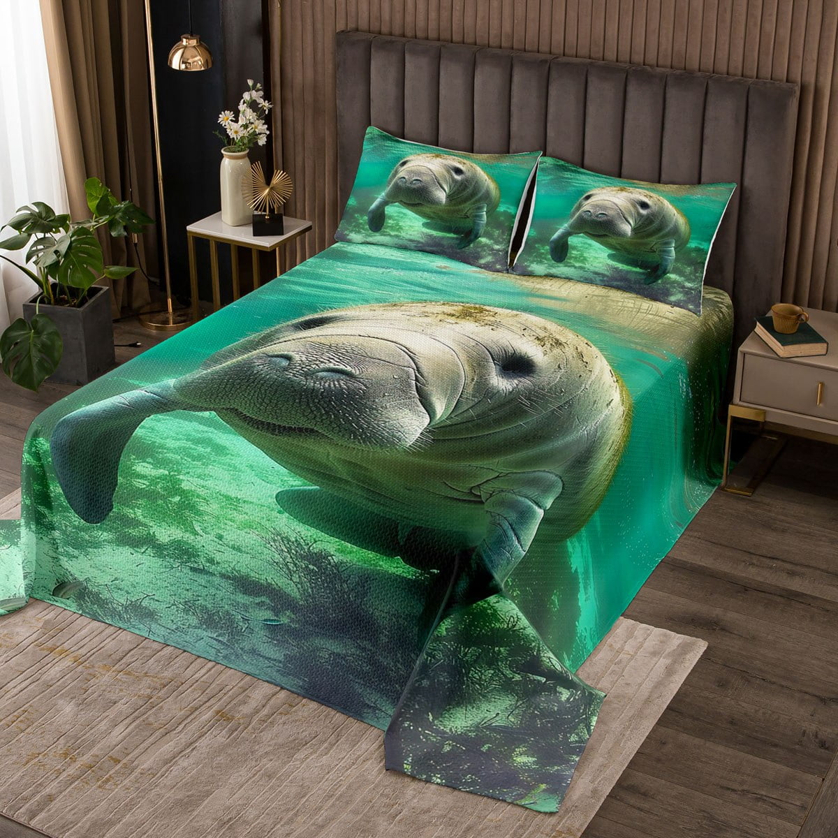 Kawaii Manatee Twin Quilt Set for Manatee Lovers Gift,3D Manatee Bedspread Set Teens ,Marine ...