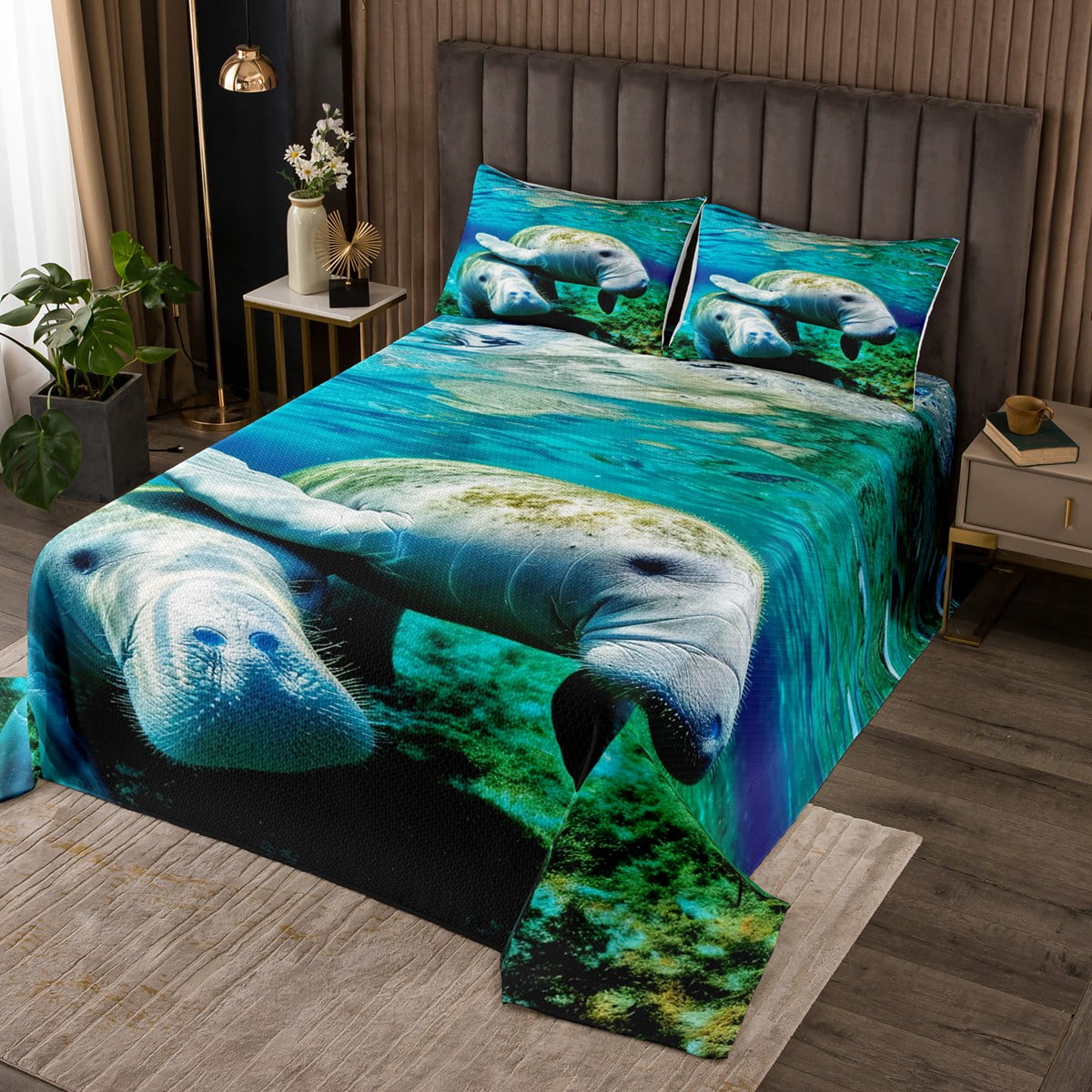 Kawaii Manatees Quilt Set Twin Size, Ocean Animals Bedspread Set For ...