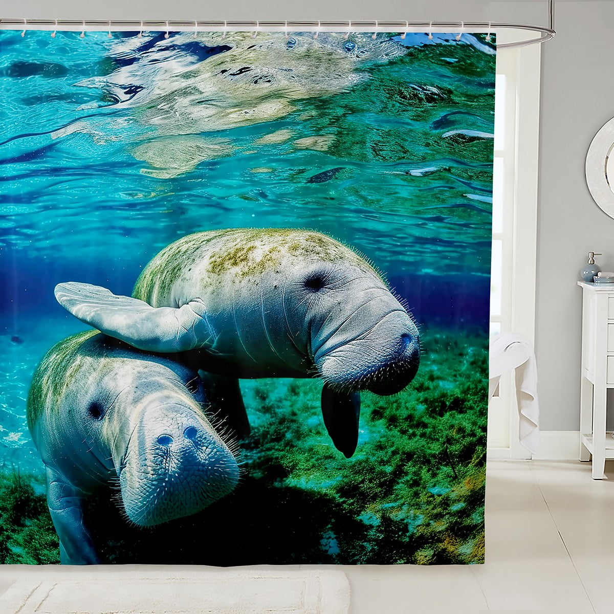 Kawaii Manatees Shower Curtain 72"Wx72"L, Ocean Animals Bathroom Shower ...