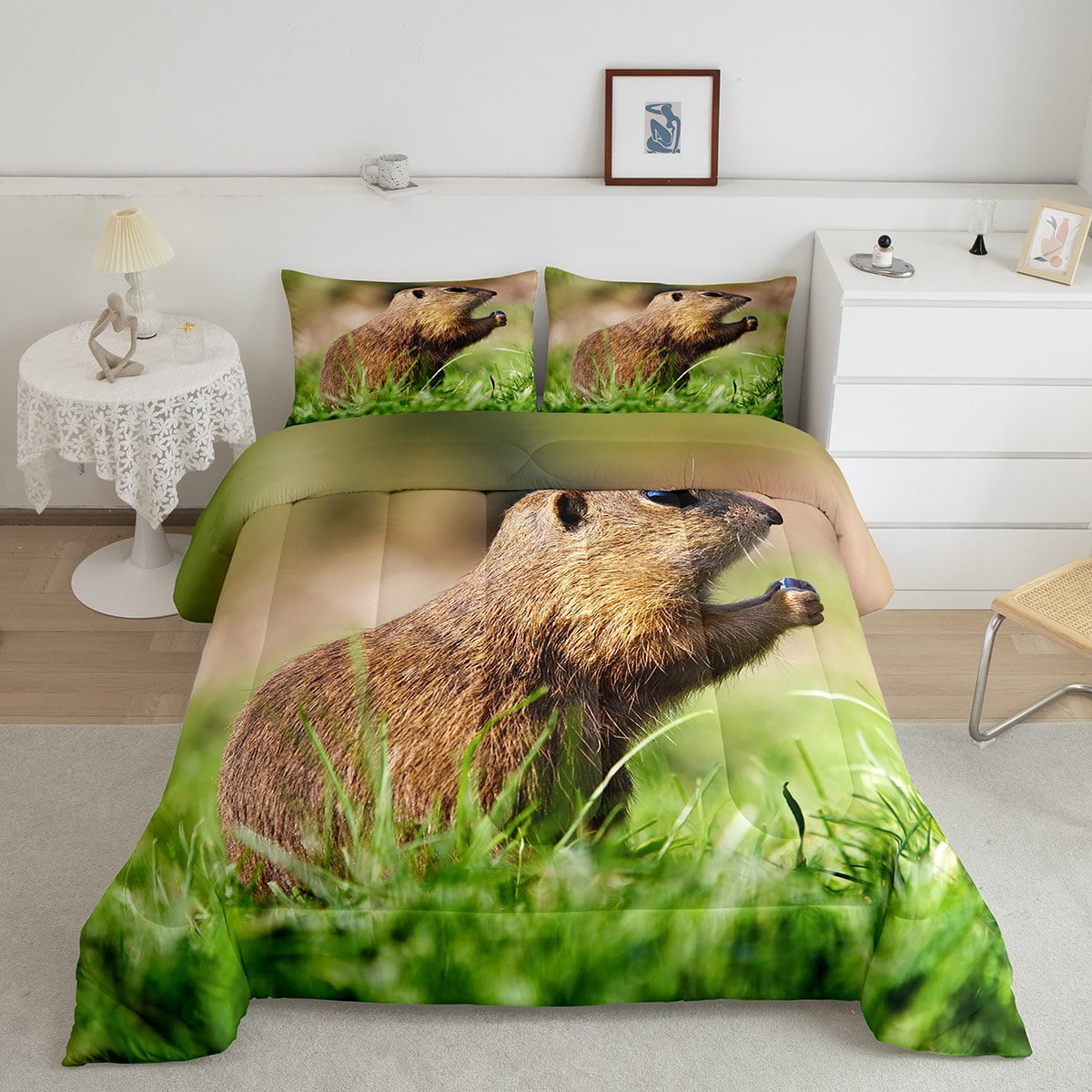 YST Kawaii Marmot Bedding Set Twin Wild Animal Comforter Set, Brown Ground Squirrel Duvet Insert ...