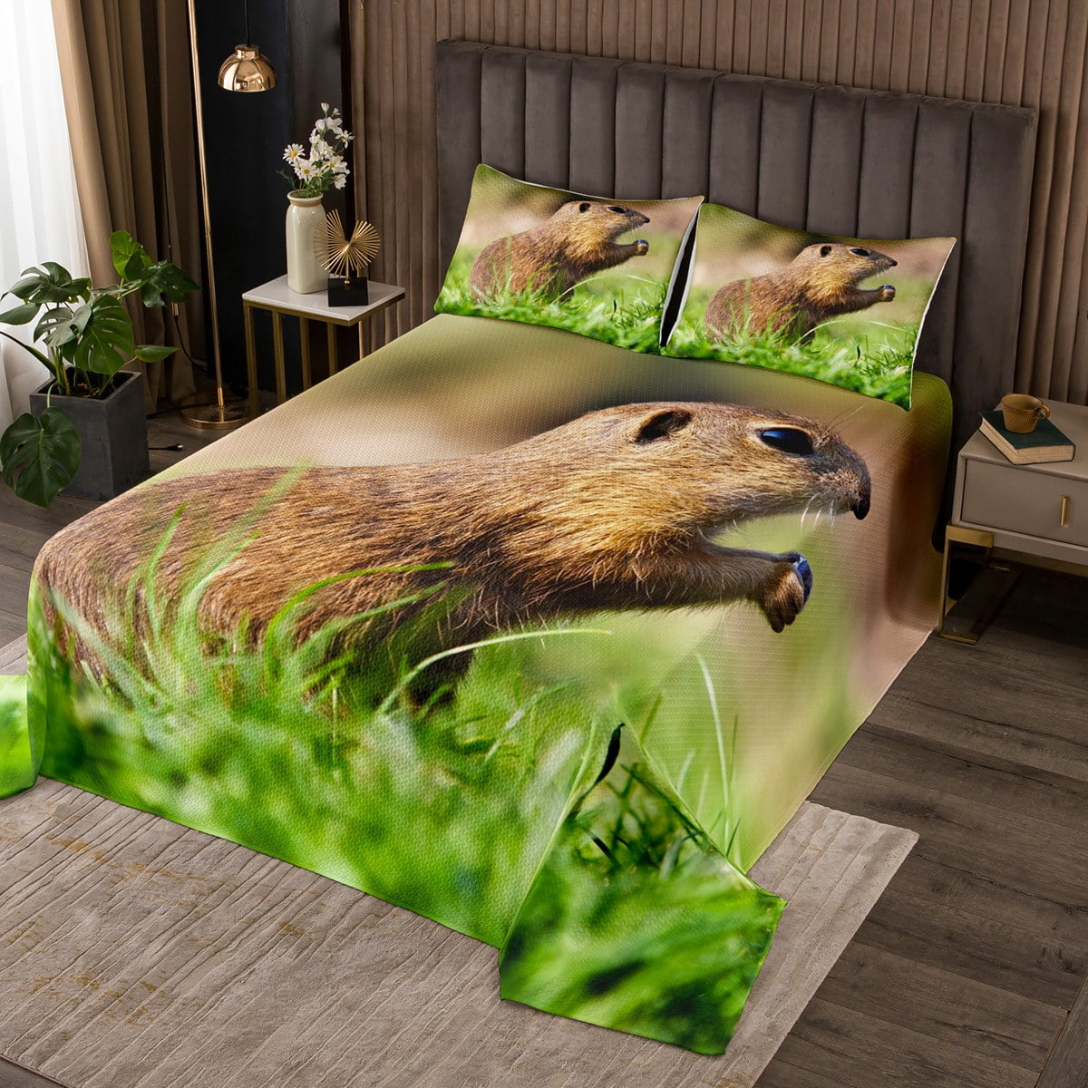 YST Kawaii Marmot Bedspread King Size Wild Animal Quilt Set, Brown ...