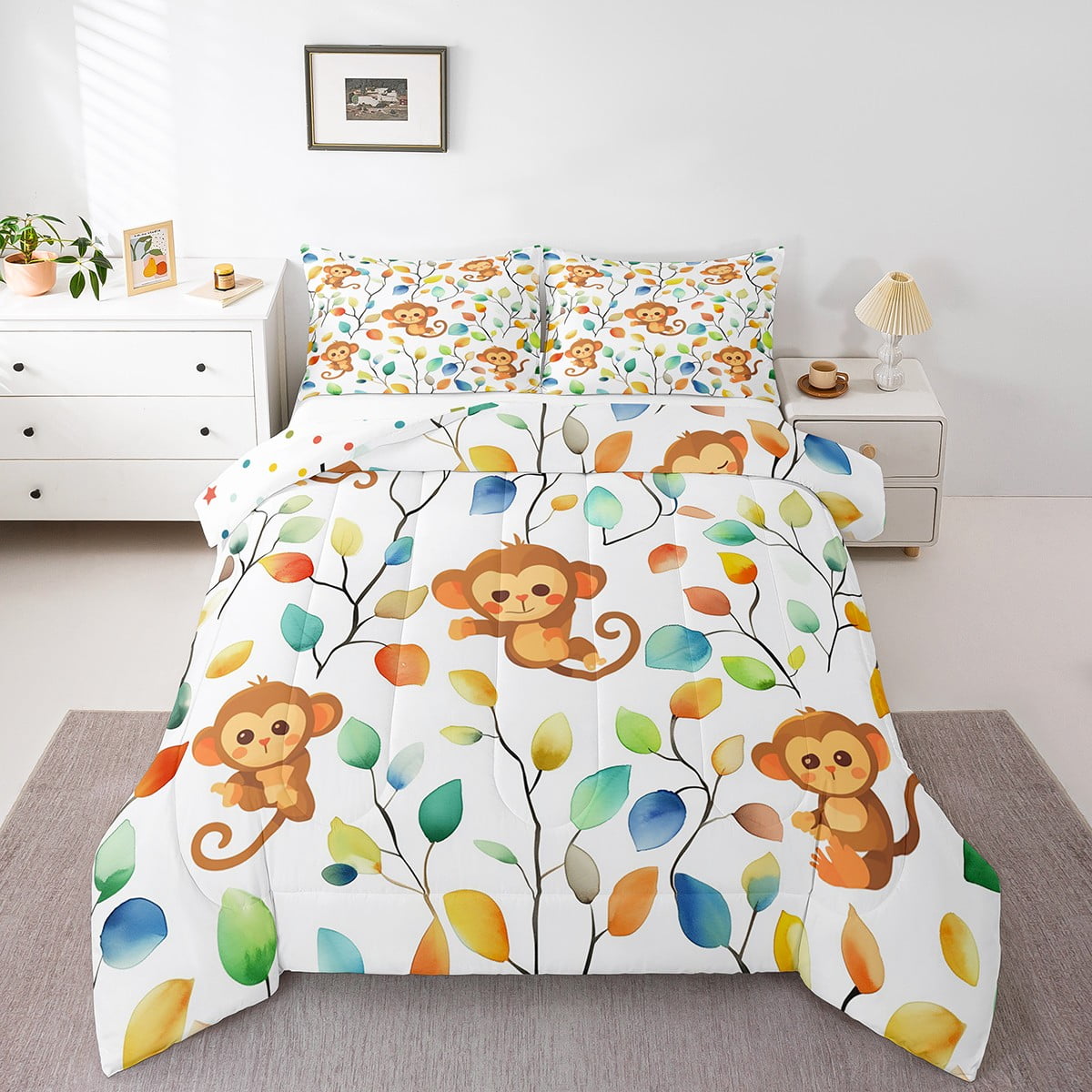 Kawaii Monkey Full Size Comforter Set Chic Elegant Floral Bedding Set ...