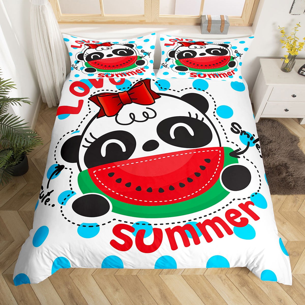 YST Kawaii Panda Bedding Sets Full Blue Polka Dots Comforter Cover ...