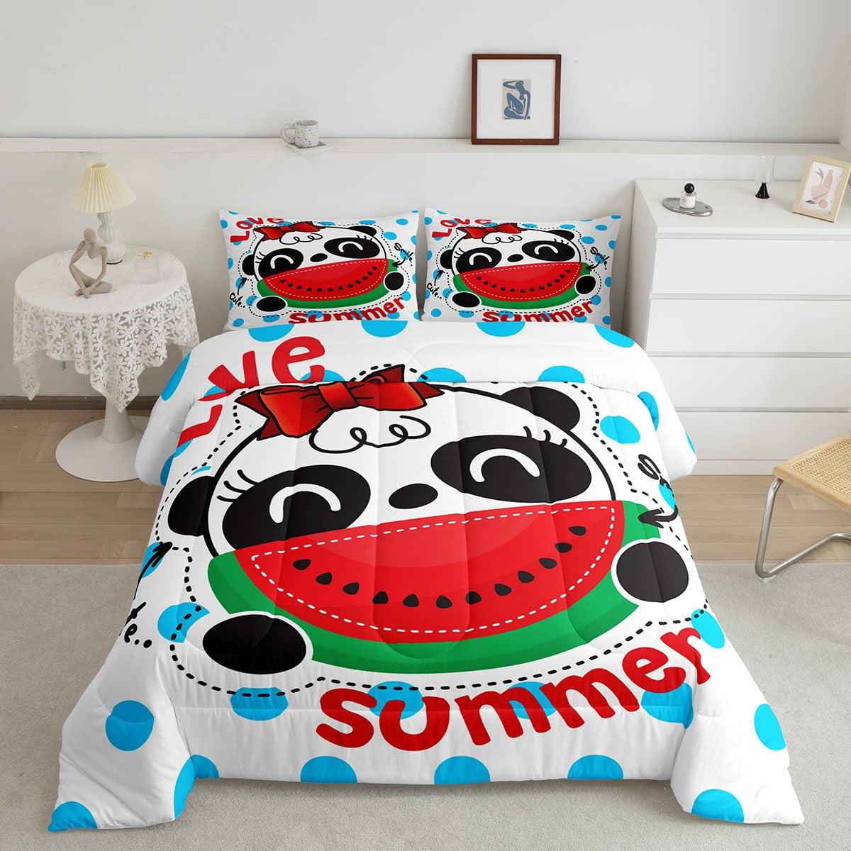 Kawaii Panda Comforter Set Twin Blue Polka Dots Bedding Set, Watermelon ...
