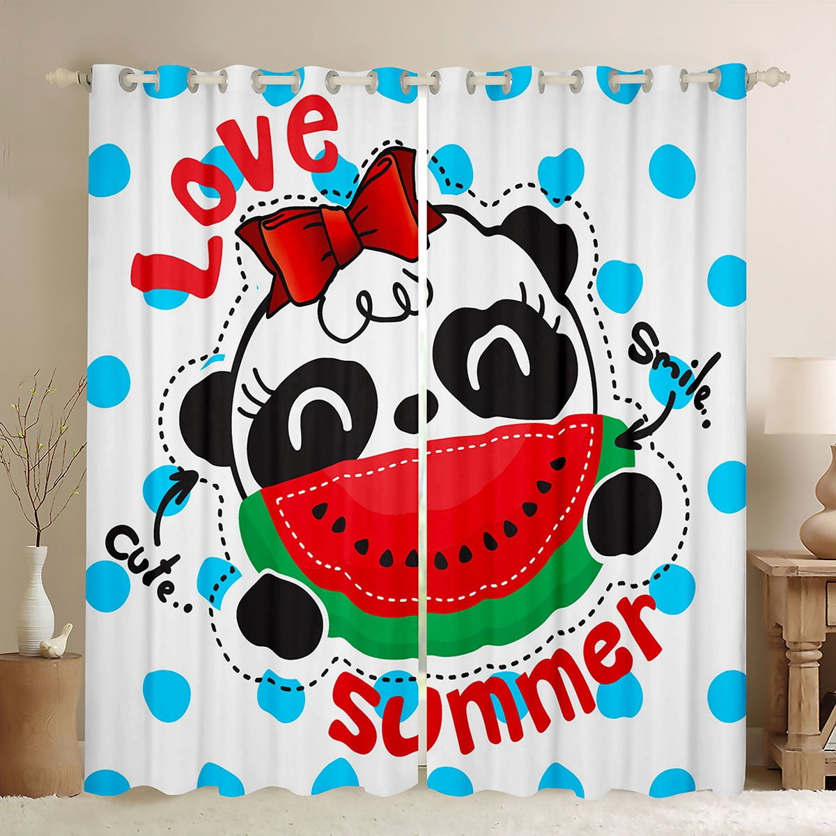 YST Kawaii Panda Curtains & Drapes Blue Polka Dots Curtains, Watermelon ...