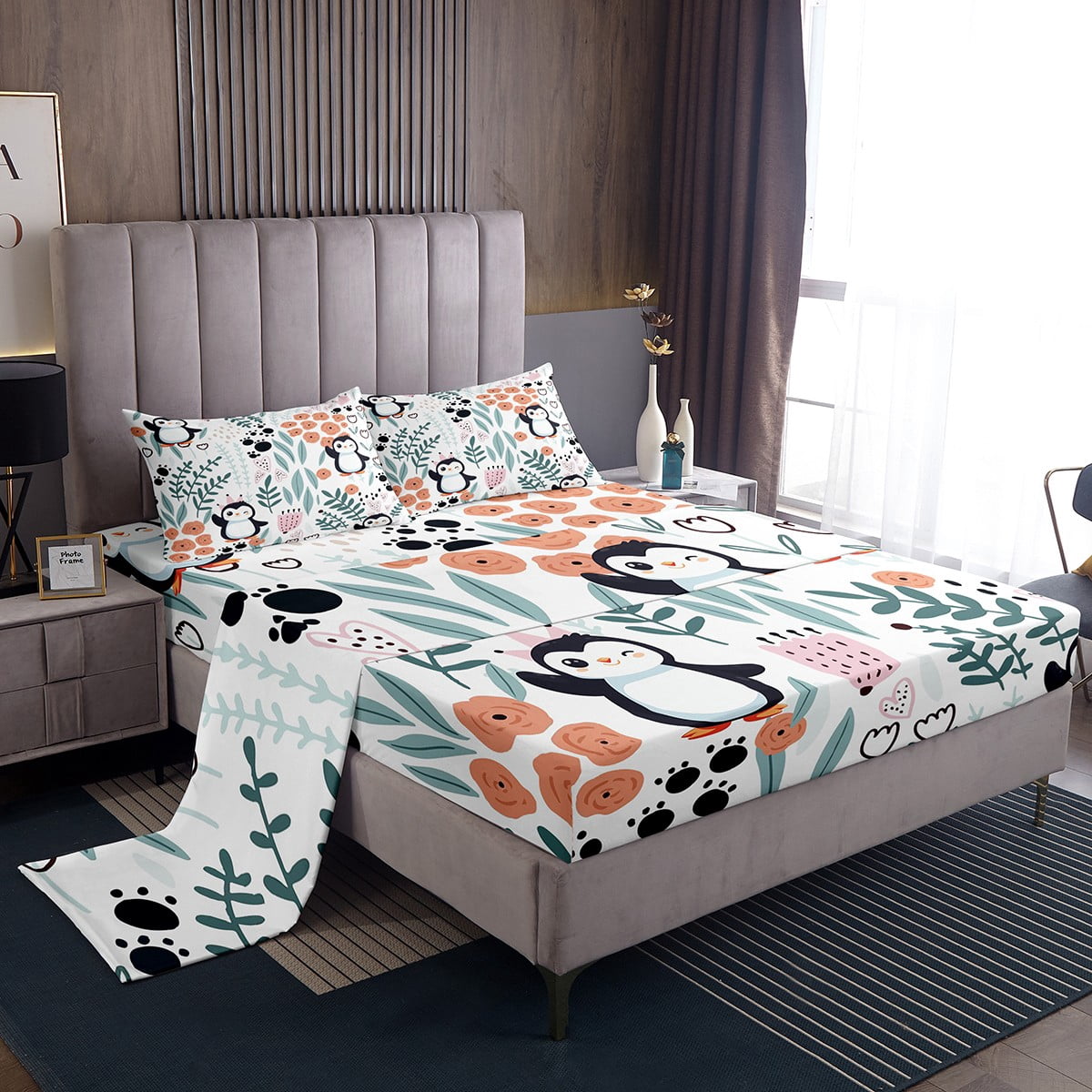 Kawaii Penguin Bedding Set Queen,Cartoon Penguin Bed Sheets,Cute Love ...