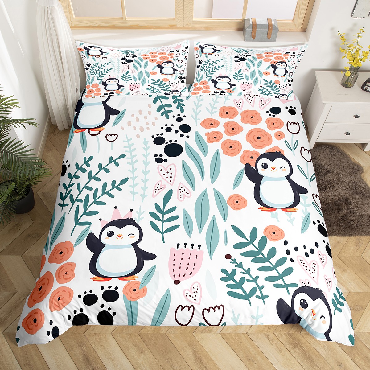Kawaii Penguin Duvet Cover Queen,Cartoon Penguin Bedding Set,Cute Love ...