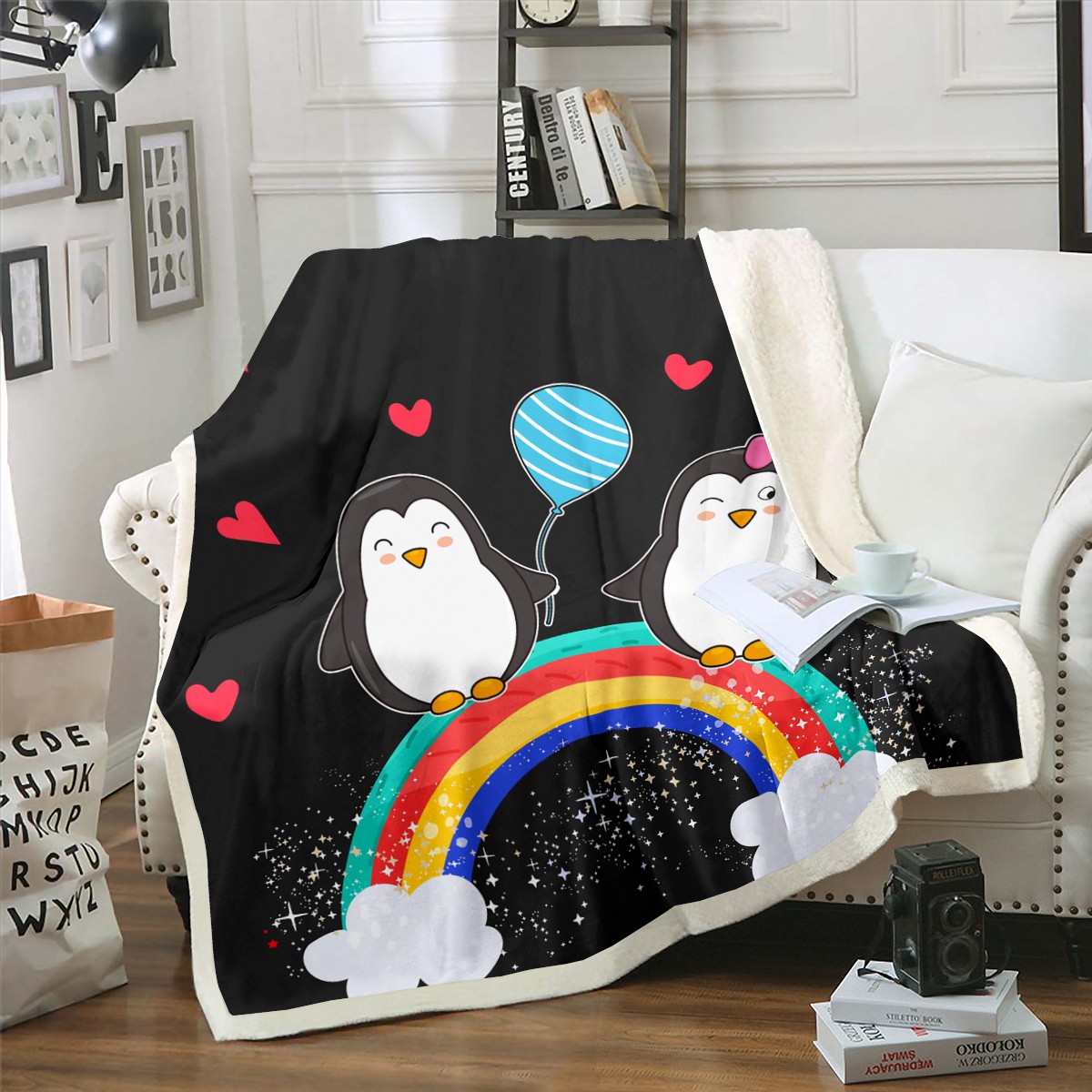 Kawaii Penguin Throw Blanket,Cartoon Rainbow Sherpa Blanket ,Galaxy ...