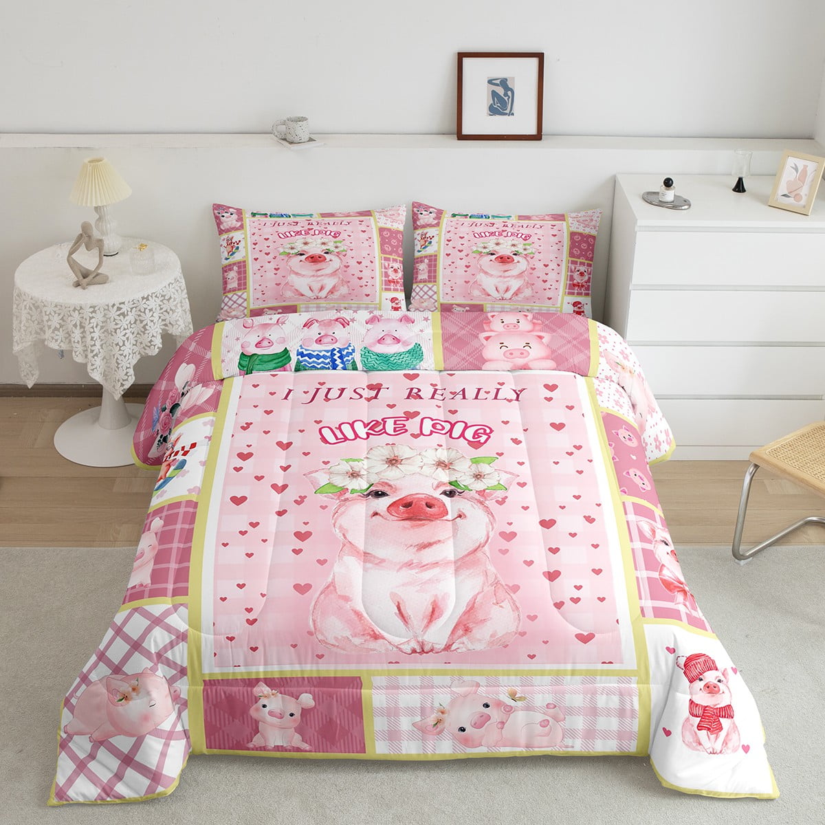 Kawaii Pig Bedding Set Full Cartoon Farm Animal Comforter Set, Girly Pink Patchwork Duvet Insert ...