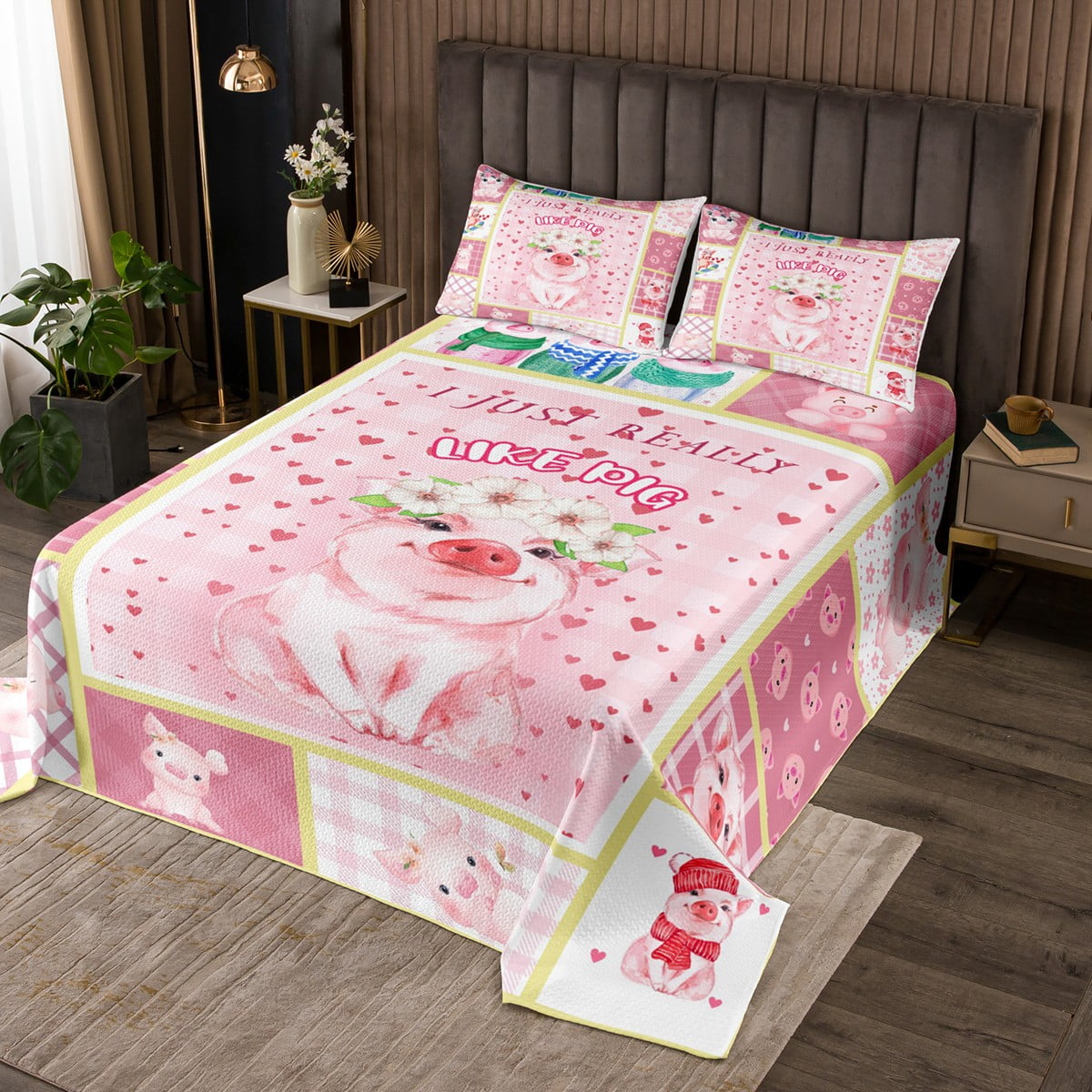 YST Kawaii Pig Bedspread Twin Size Cartoon Farm Animal Quilt Set, Girly Pink Patchwork Coverlet ...