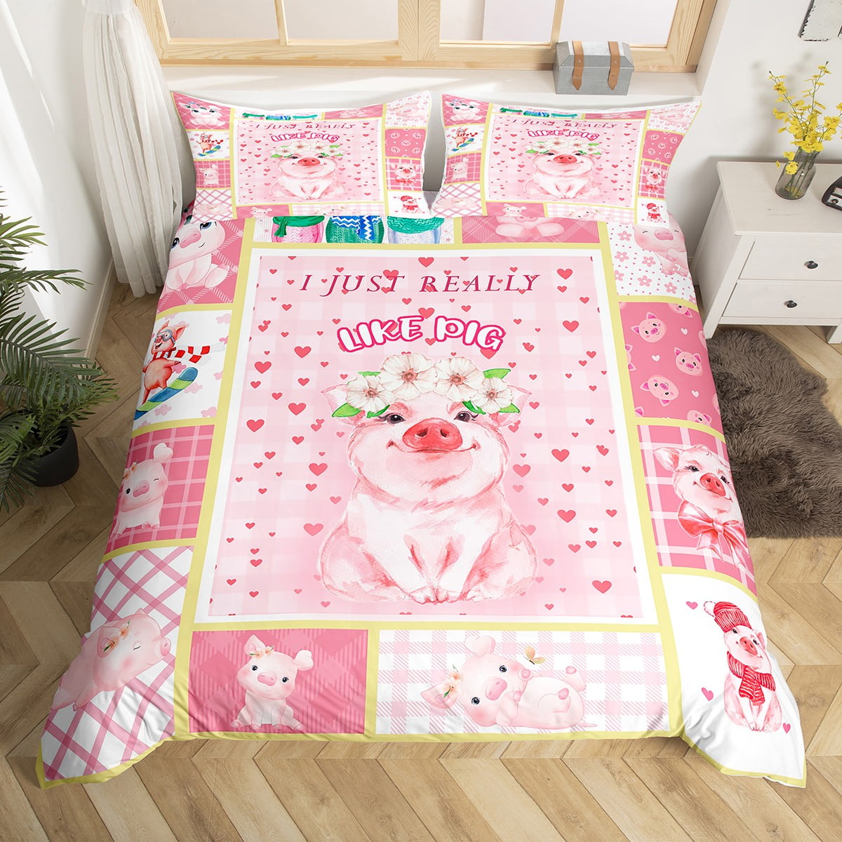 Kawaii Pig Comforter Cover Cartoon Farm Animal Bed Set, Girly Pink ...