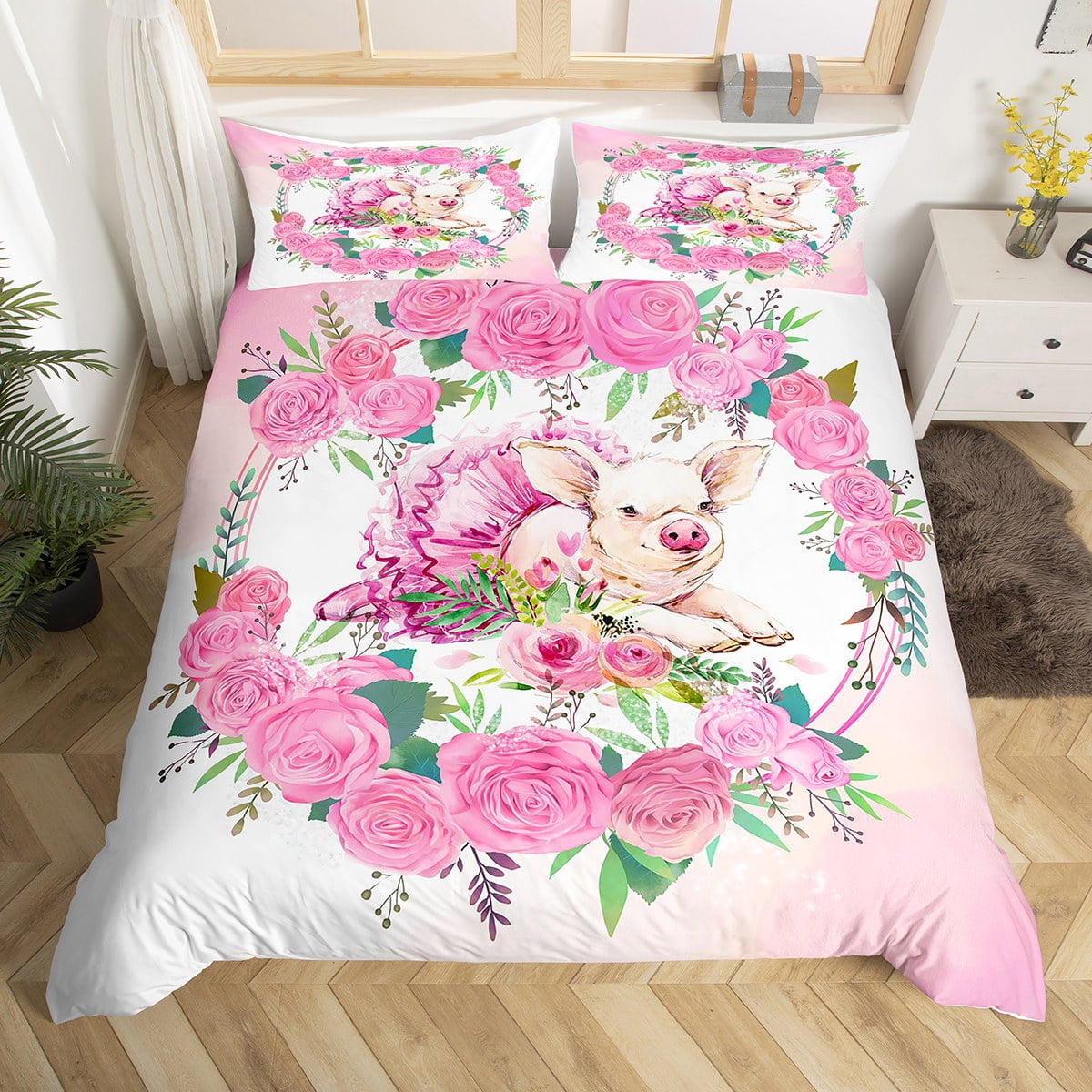 Erosebridal Kawaii Pig Comforter Cover Spring Flower Bed Sets Cartoon ...