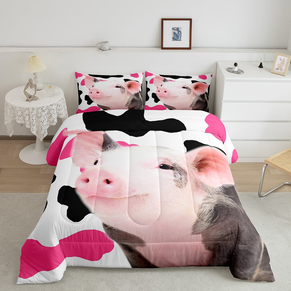 Kawaii Pig Comforter Set King Black Pink Cow Print Bedding Set, Farm ...