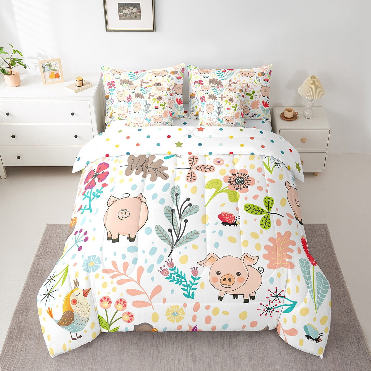 YST Kawaii Pig Comforter Set With Sheets Queen Cartoon Pig Bedding Set ...