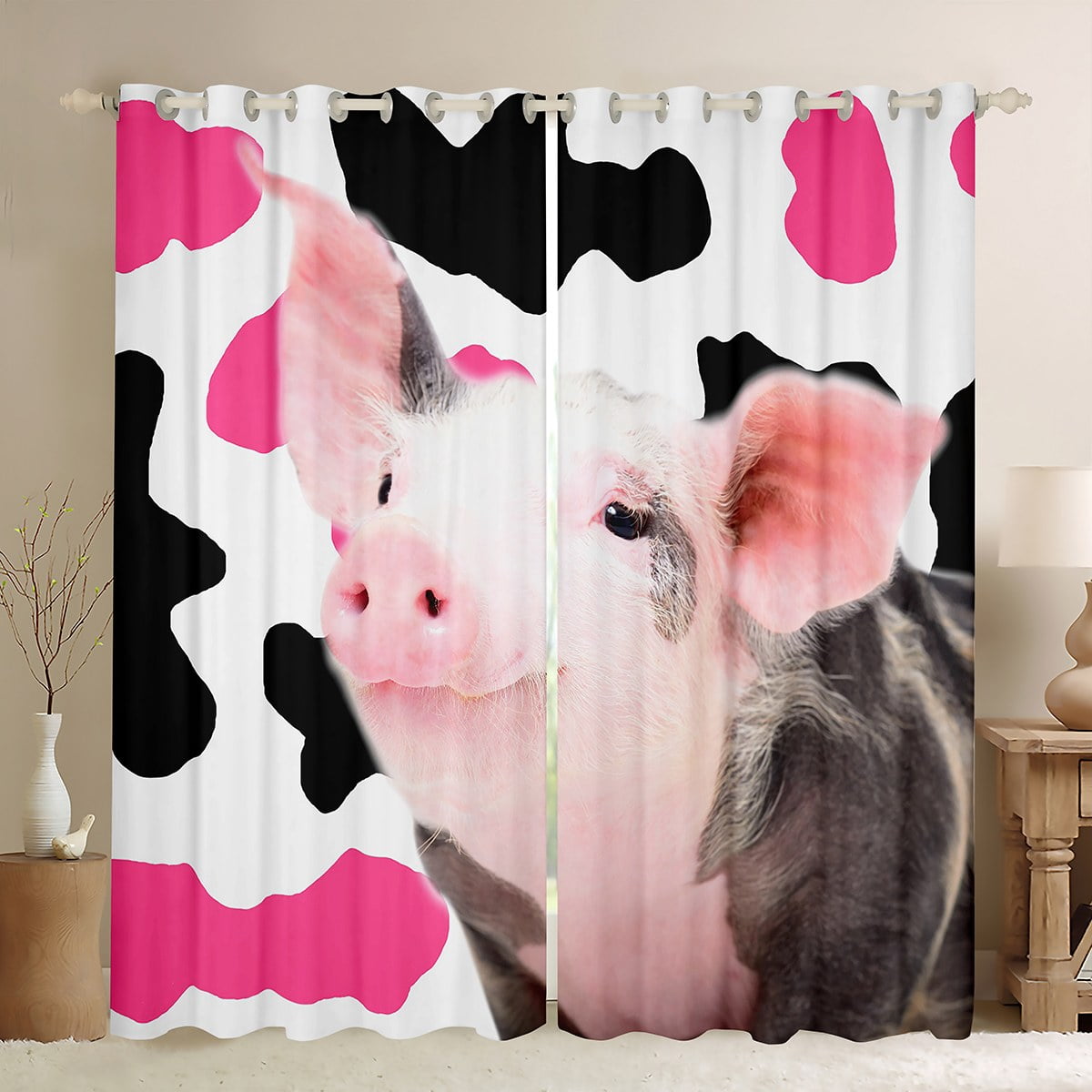 Kawaii Pig Curtains & Drapes Black Pink Cow Print 30%-50% Blackout ...
