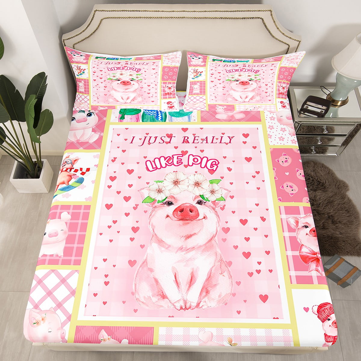 Erosebridal Kawaii Pig Full Sheets Cartoon Farm Animal Bed Sheets, Girly Pink Patchwork Fitted ...