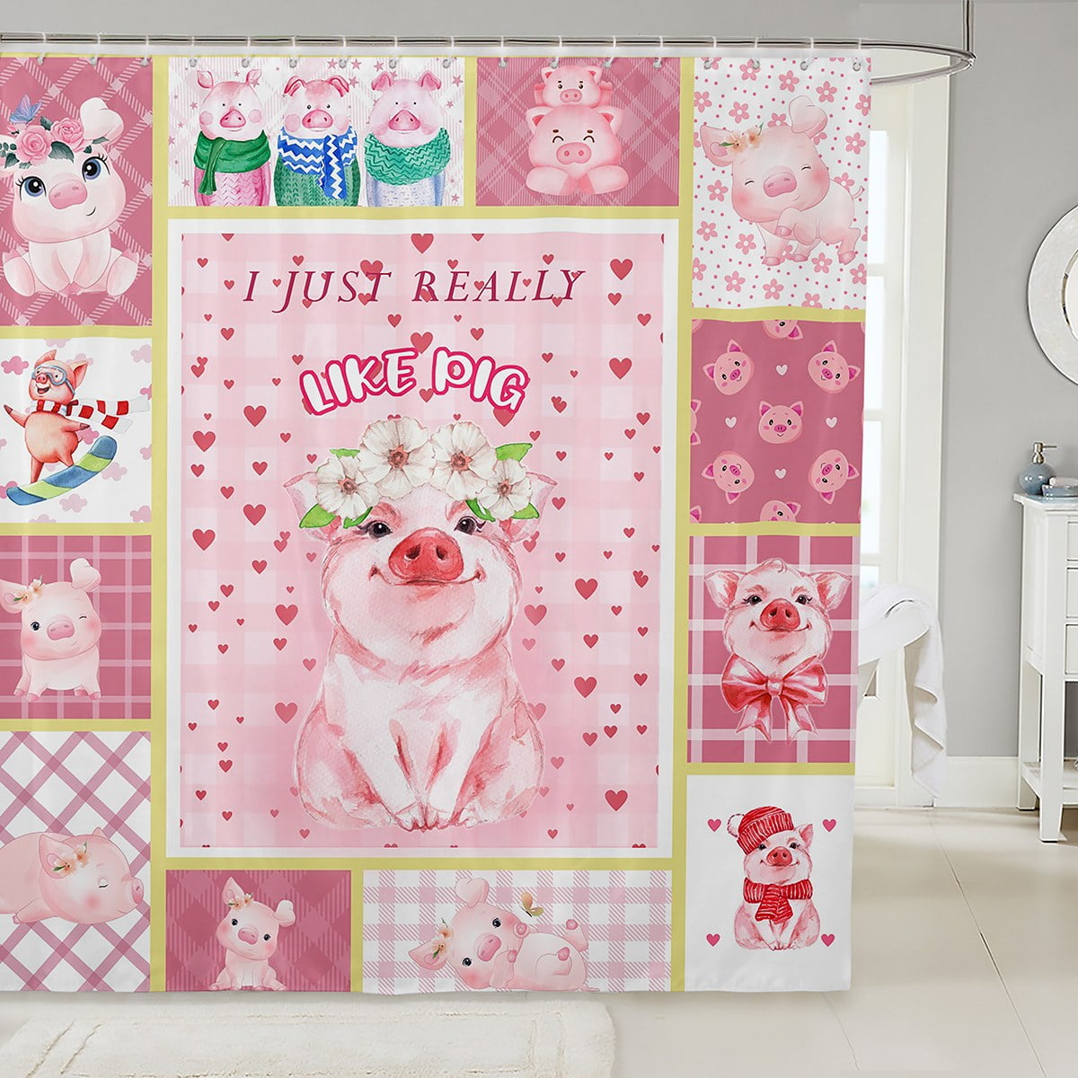 Kawaii Pig Shower Curtain Cartoon Farm Animal Bathroom Curtain, Girly ...