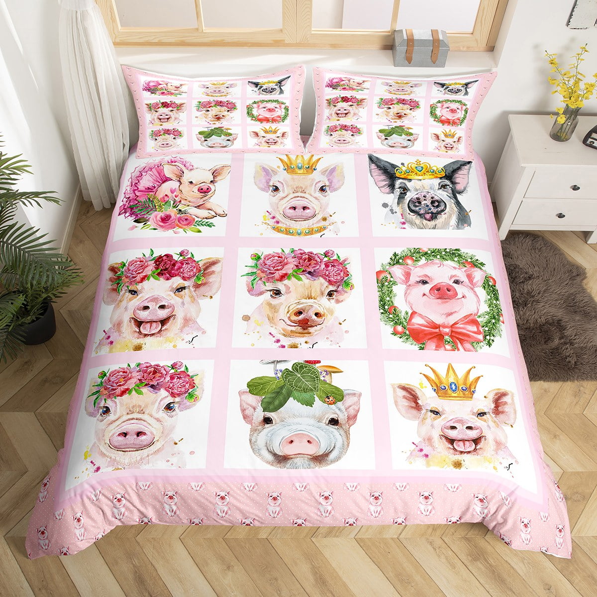 YST Kawaii Pigs Bedding Set For Girls Kids Rose Pigs Duvet Cover ...