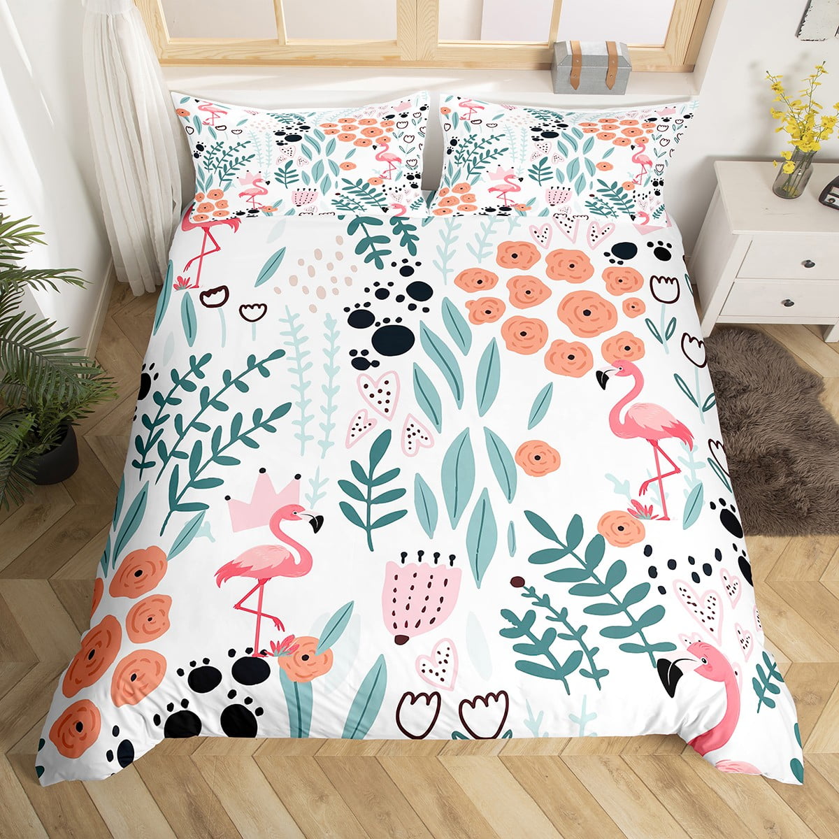 Kawaii Pink Flamingo Duvet Cover King,Cartoon Flamingo Bedding Set,Cute ...