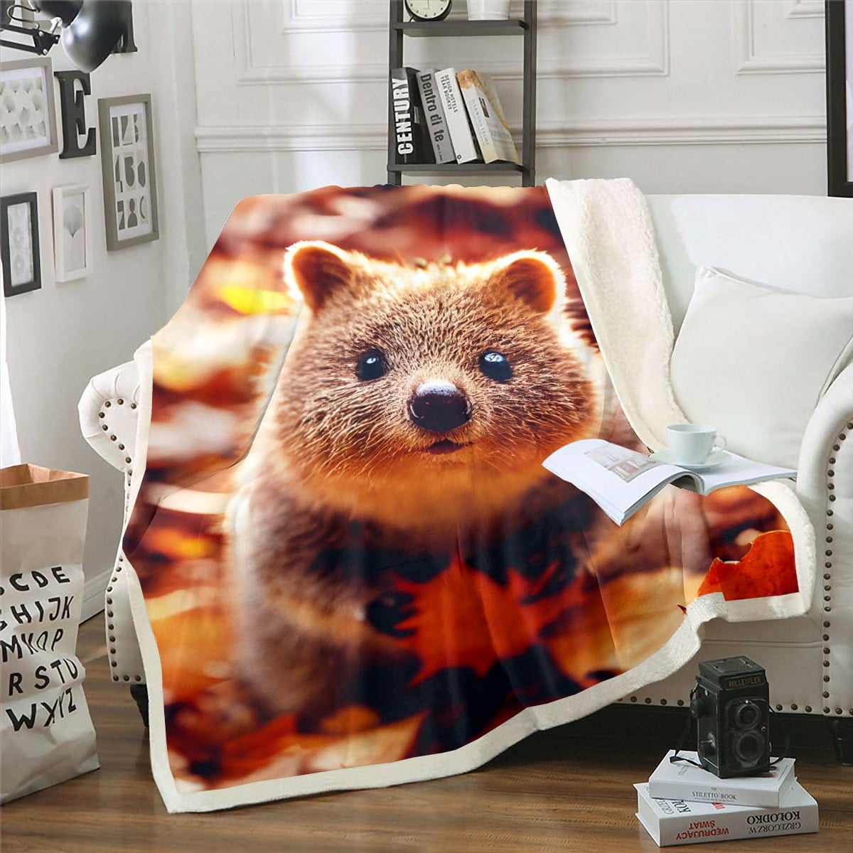 YST Kawaii Quokka Sherpa Blanket Autumn Theme Blanket, Fallen Leaves ...