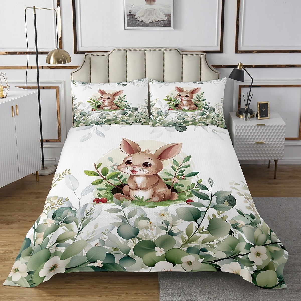 Kawaii Rabbit Queen Quilt Set Cartoon Bunnies Coverlet Set, Eucalyptus ...