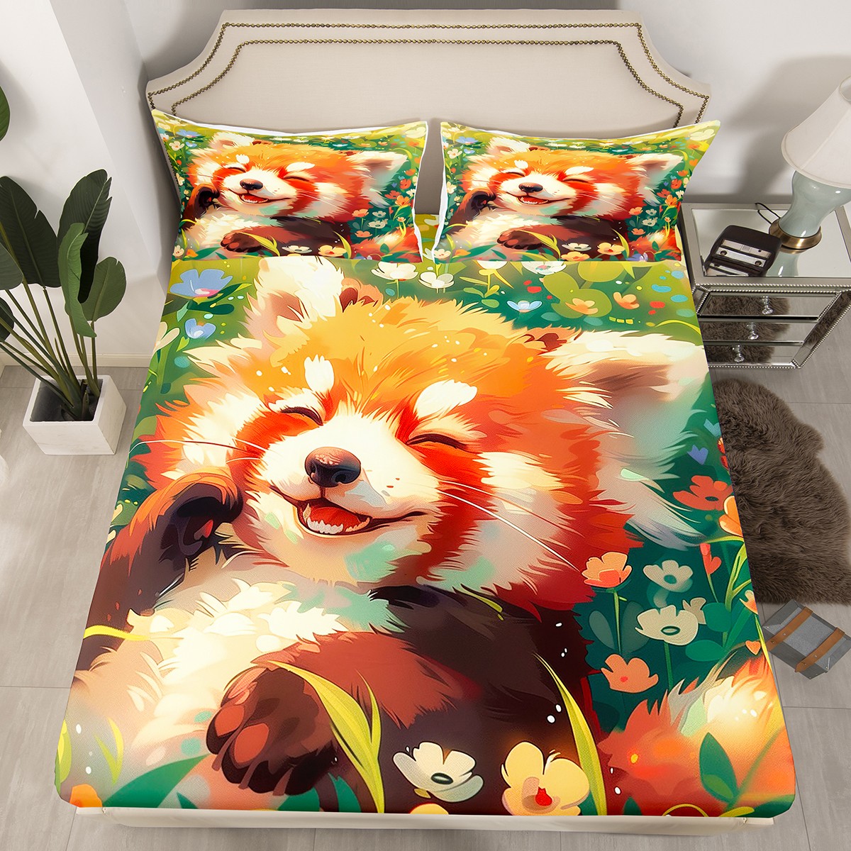 Kawaii Raccoon Bed Sheets Full Florals Fitted Sheet Cute Animal Leaves ...