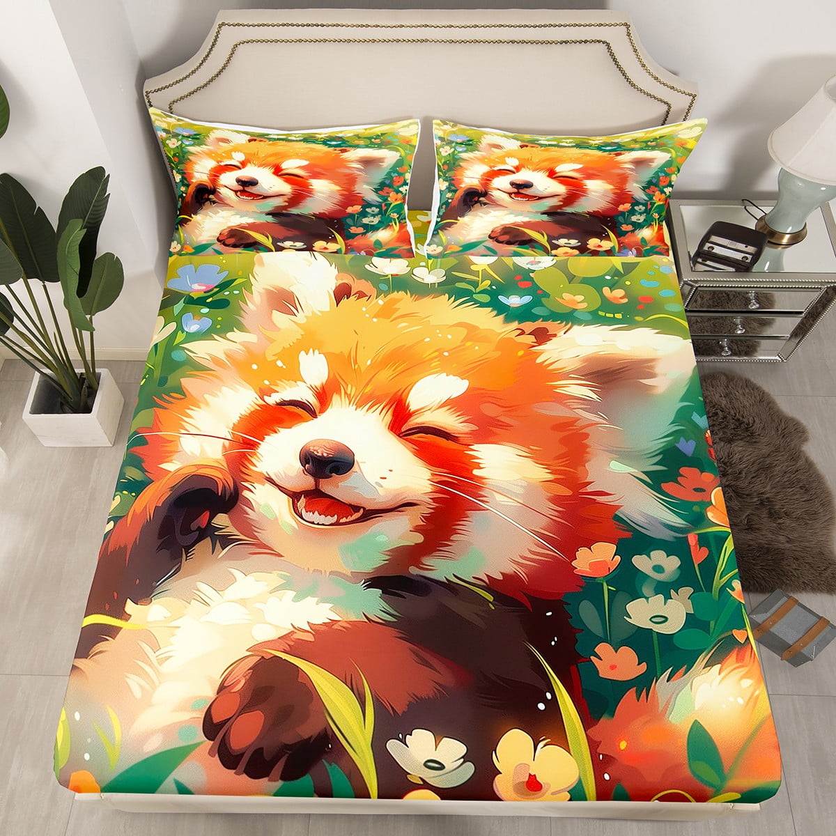 Kawaii Raccoon Bed Sheets Queen Florals Fitted Sheet Cute Animal Leaves ...