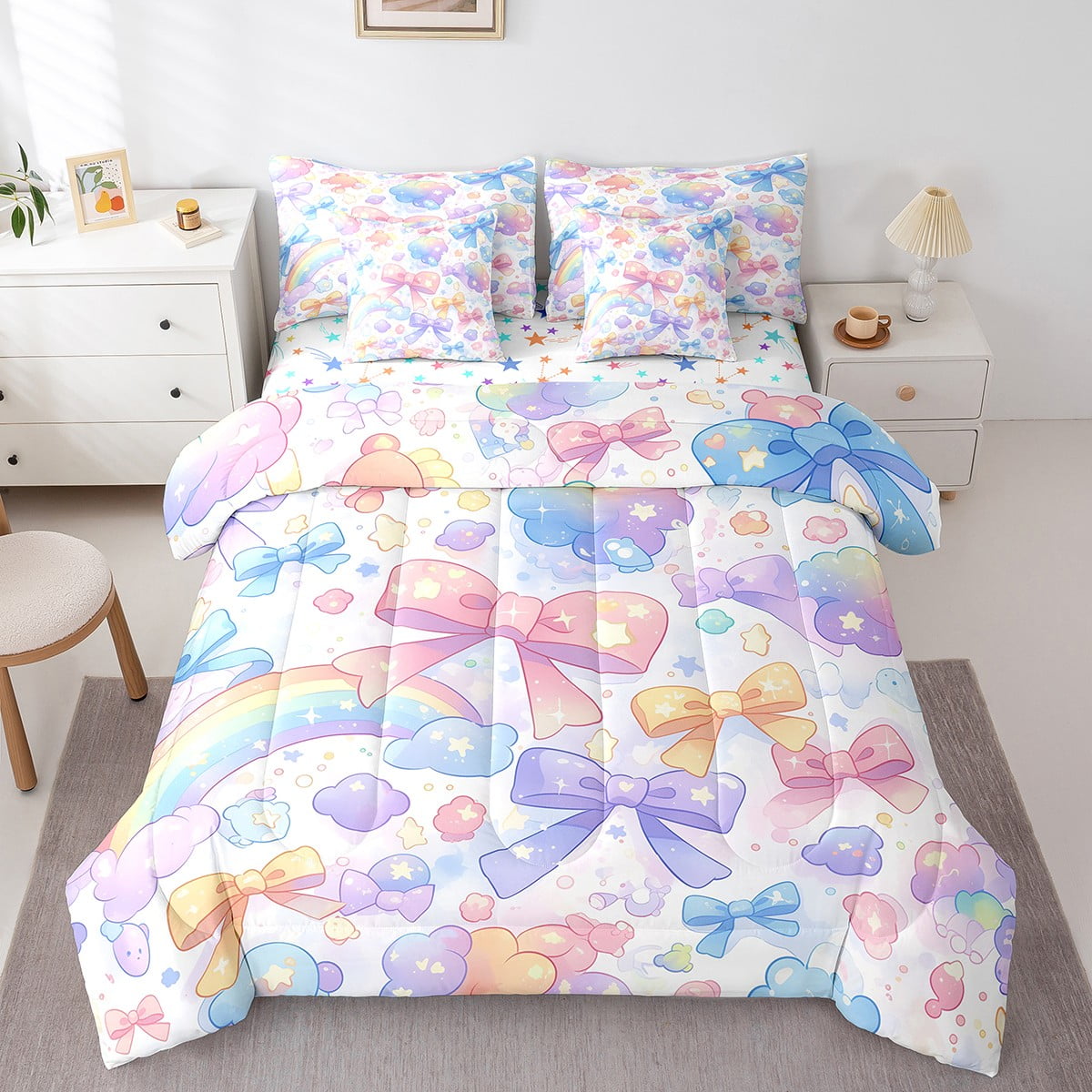 YST Kawaii Rainbow Bedding Set Twin Size 7 Piece Bed in a Bag, Cute Bow ...