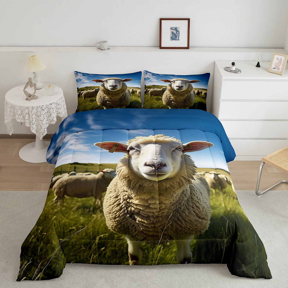 Kawaii Sheep Bedding Sets King Farmhouse Animal Comforter Set,Blue Sky ...