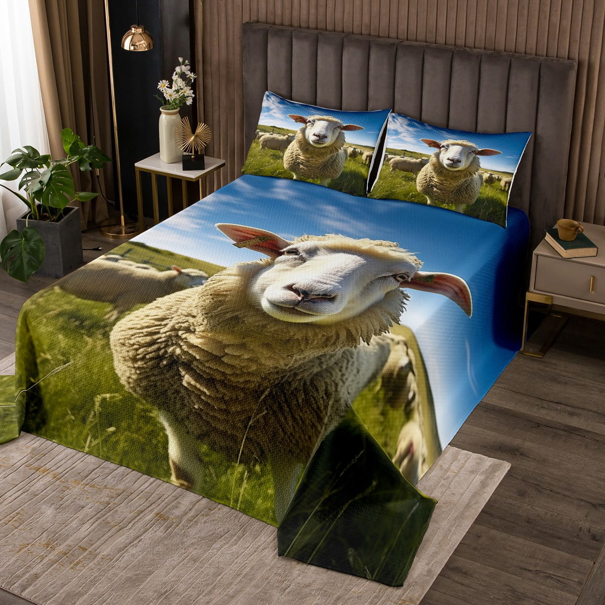 Kawaii Sheep King Quilt Set Farmhouse Animal Bedspread Set,Blue Sky ...