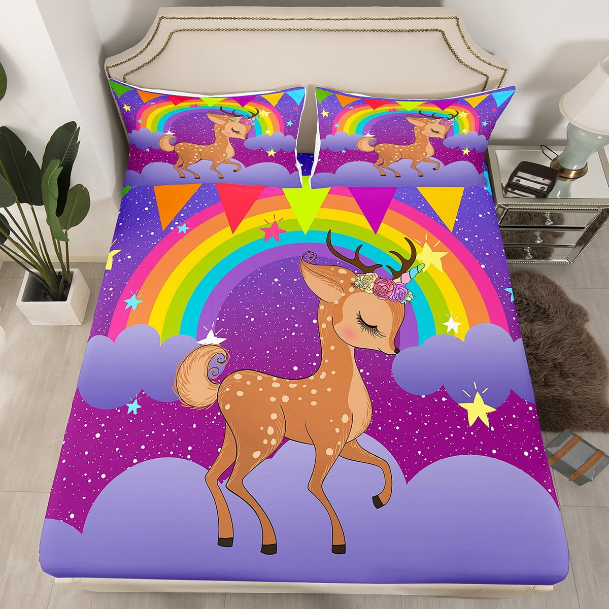 Kawaii Sika Deer Bed Sheets Full Fitted Sheet Cartoon Galaxy Stars ...