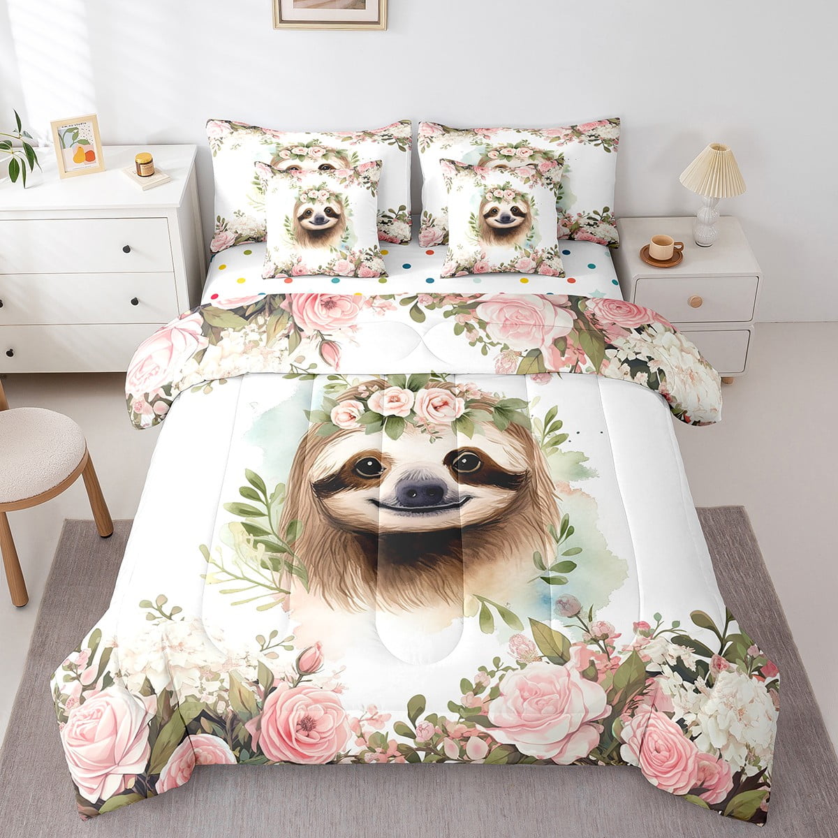 YST Kawaii Sloth Full Comforter Set 7-Piece Spring Flower Bedding ...