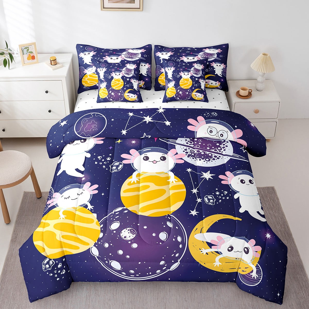 YST Kid Axolotl Comforter King Size, Outer Space Bed In A Bag 7 Pieces, Cartoon Animal Bedding ...