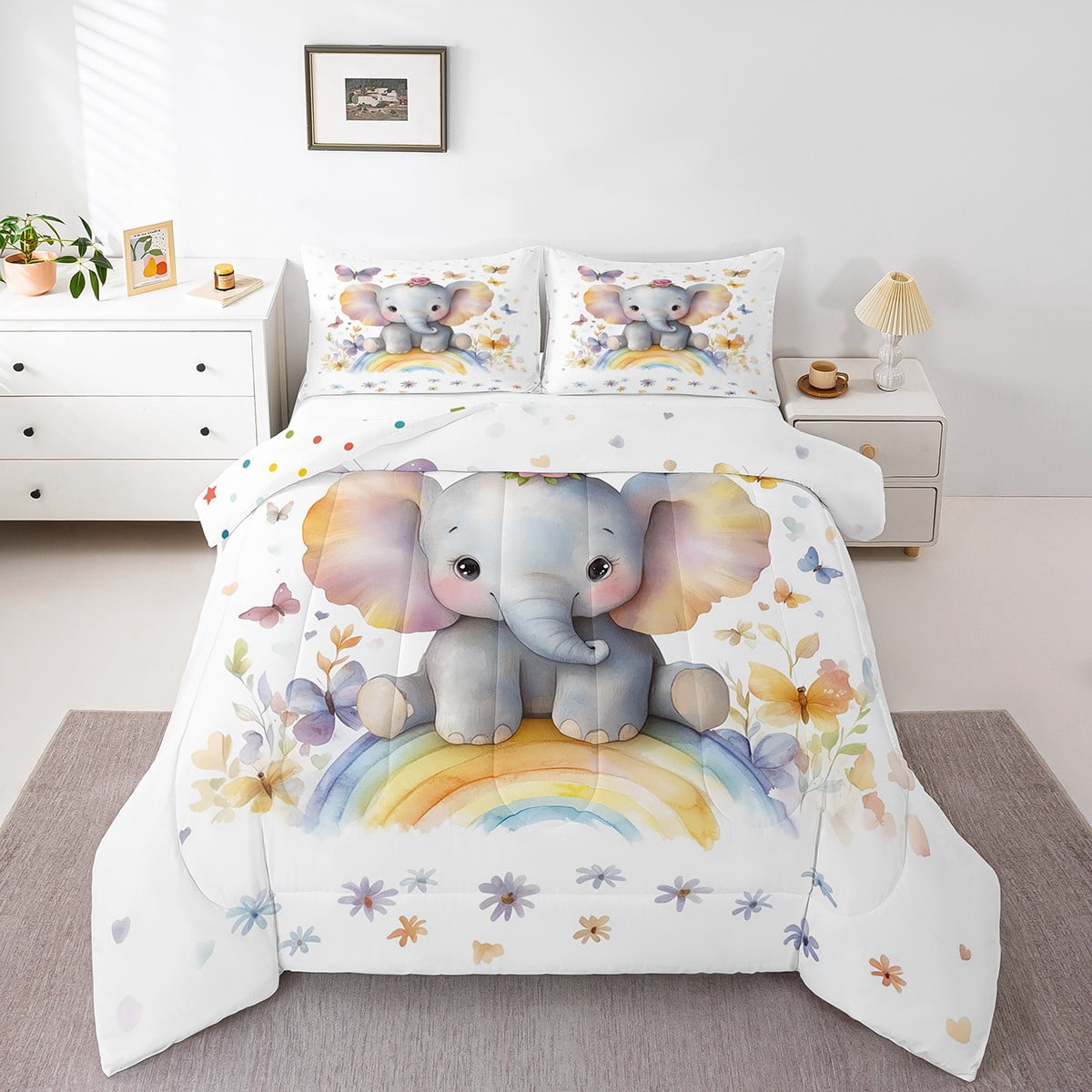 Cartoon Elephant Twin Bedding Set,Kawaii Rainbow Rose Soft Comfy ...