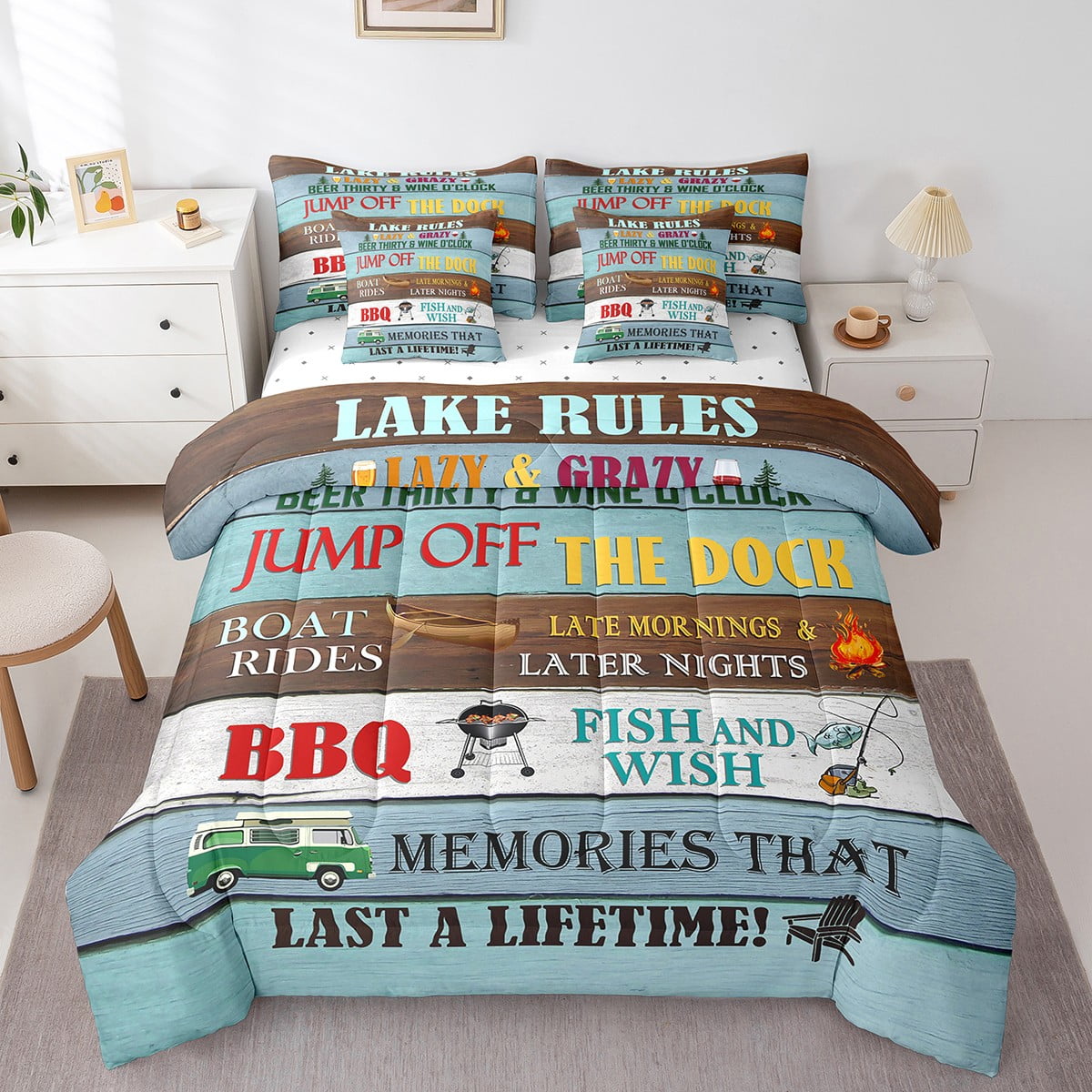 Lake Rules Comforter King Size, Lake House Bed In A Bag 7 Pieces, Rustic Farmhouse Bedding Set-1 ...