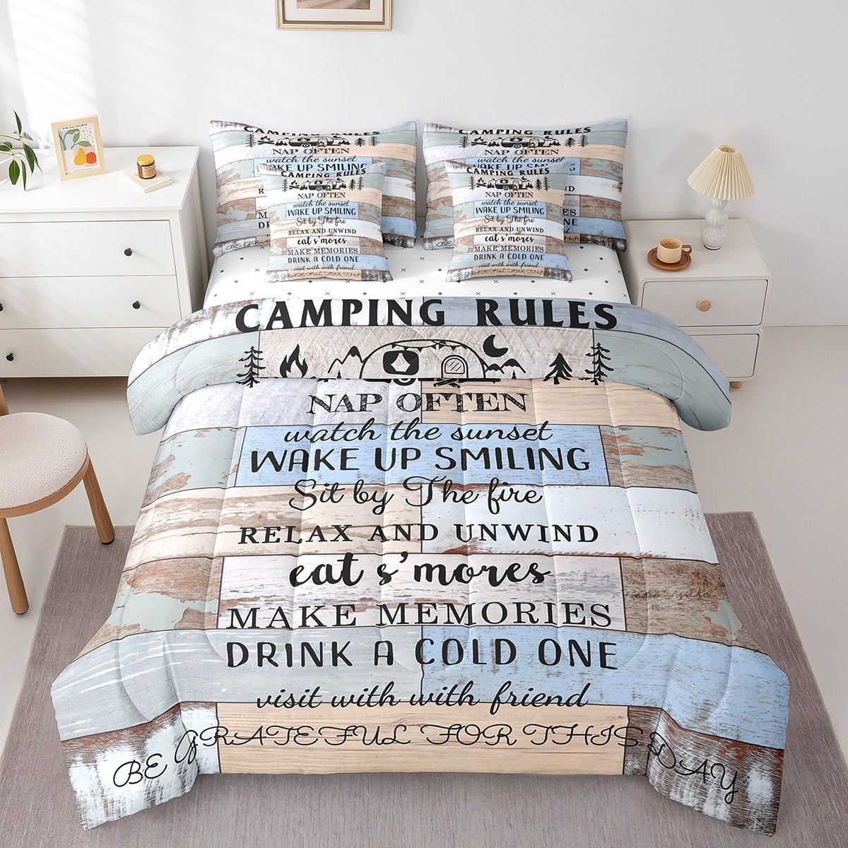 YST Kid Rv Camper Comforter Queen Size, Happy Camping Bed In A Bag 7 Pieces, Rustic Farmhouse ...