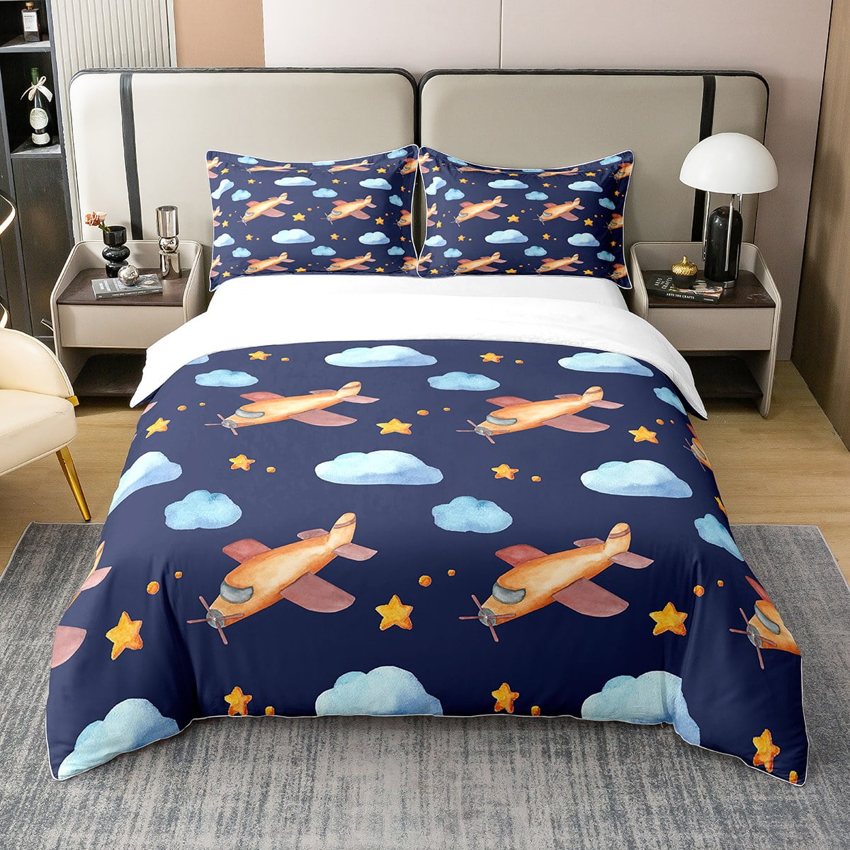 YST Kids Aircraft 100% Cotton Duvet Cover King Blue Clouds Bedding Set ...
