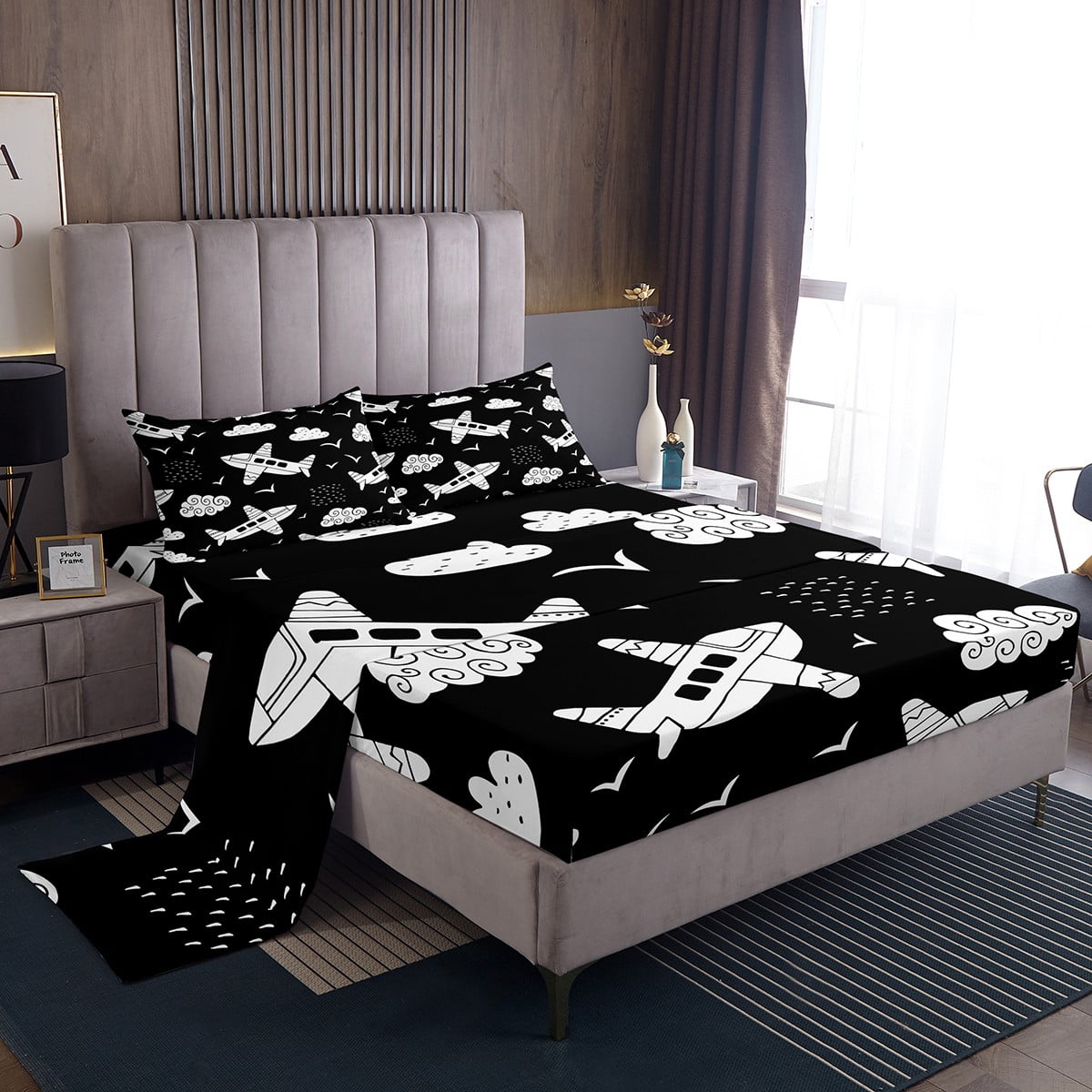 YST Kids Aircraft Bed Sheets Set Queen Size,Black and White Airplane ...