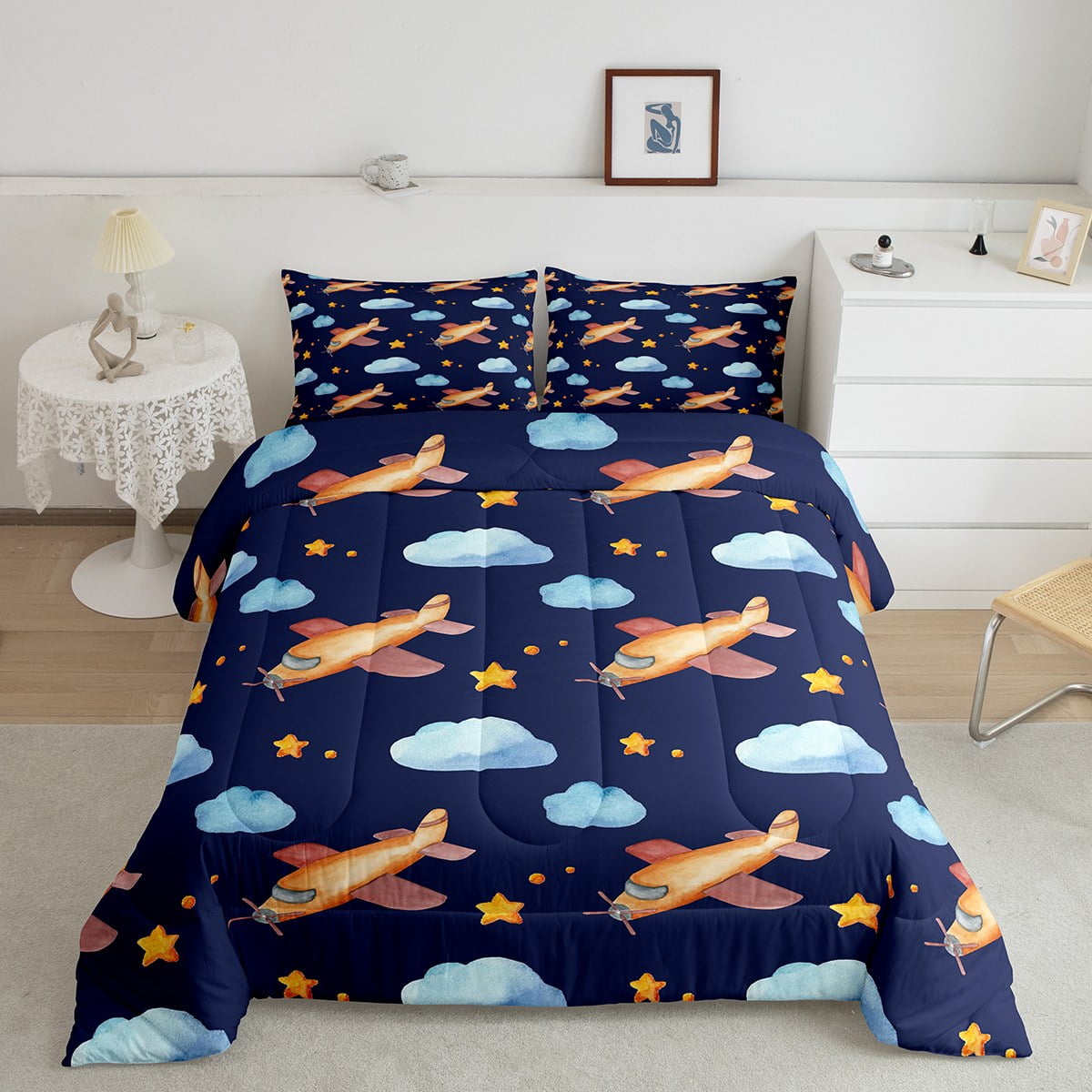 YST Kids Aircraft Comforter Full Blue Clouds Bedding Set, Watercolor ...
