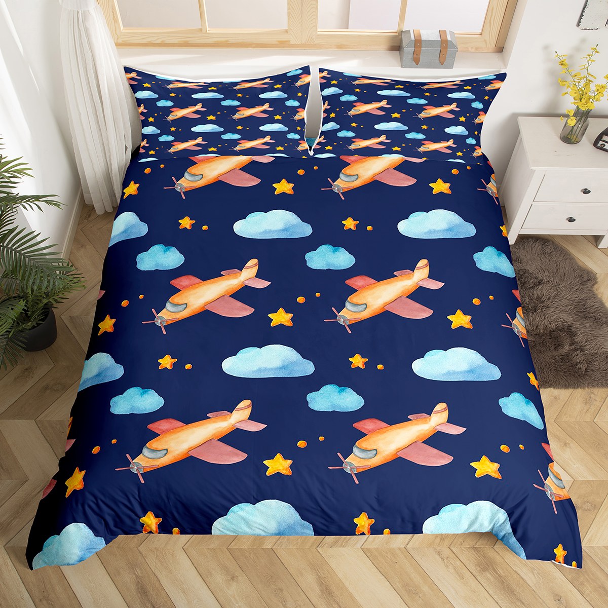 YST Kids Aircraft Duvet Cover Twin Blue Clouds Bedding Set, Watercolor ...