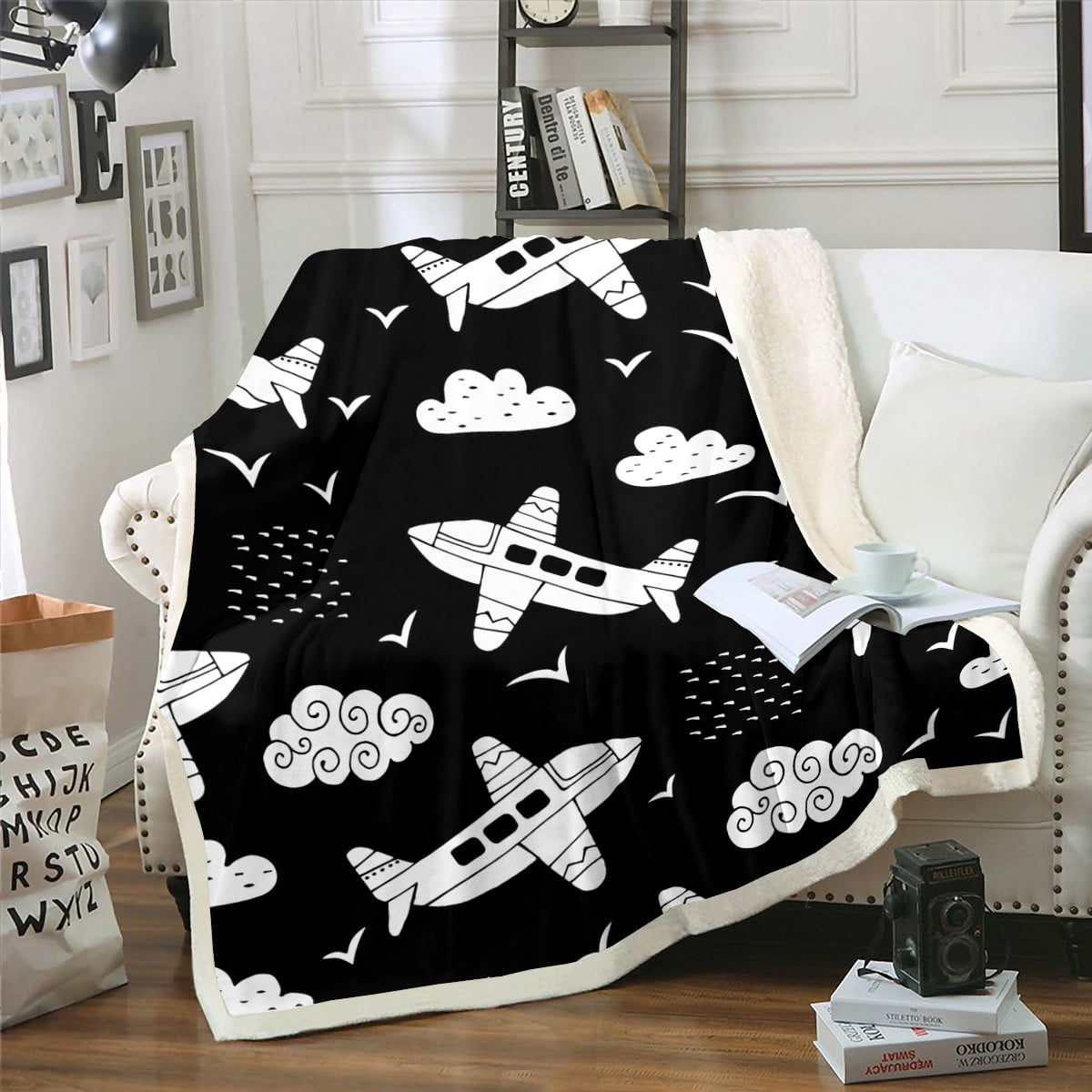 YST Kids Aircraft Throw Blanket 40x50,Black and White Airplane Fleece Blanket for Sofa Bed Couch ...