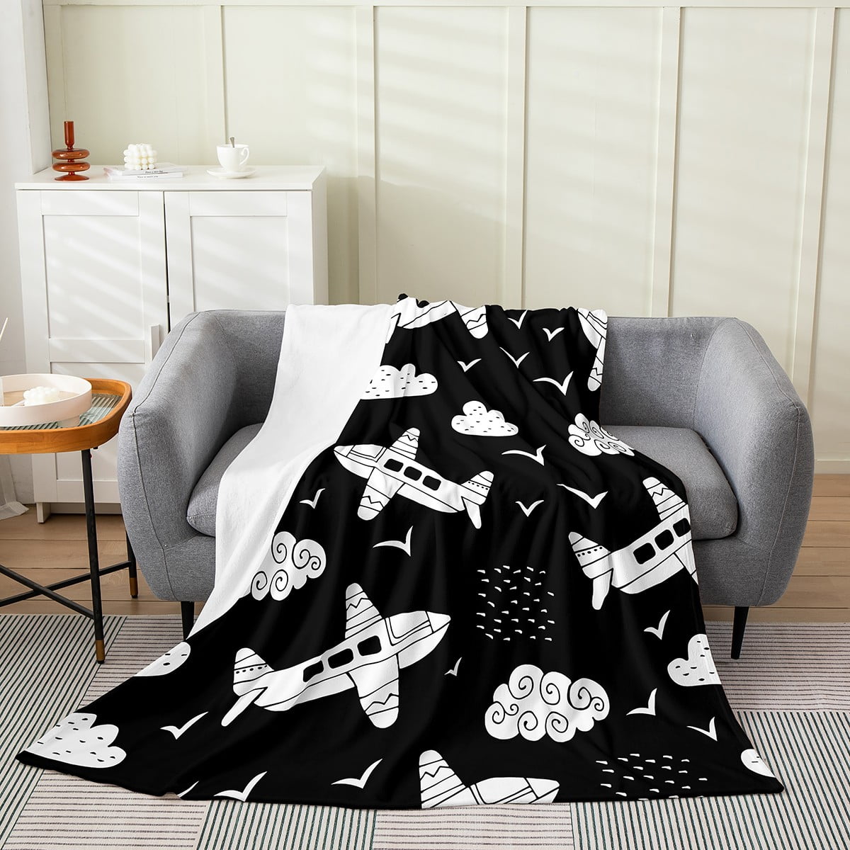 YST Kids Aircraft Throw Blanket Queen 90x90,Black and White Airplane Fleece Blanket for Sofa Bed ...