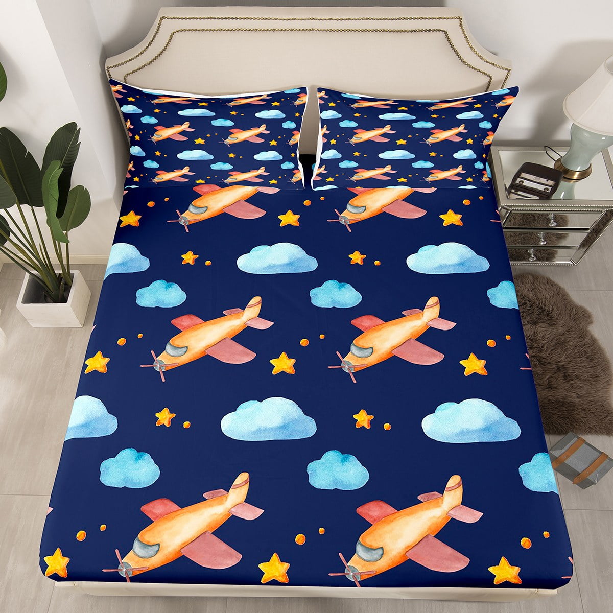 YST Kids Aircraft Twin Fitted Sheet Blue Clouds Sheets, Watercolor Airplane Bed Sheets Navy Blue ...