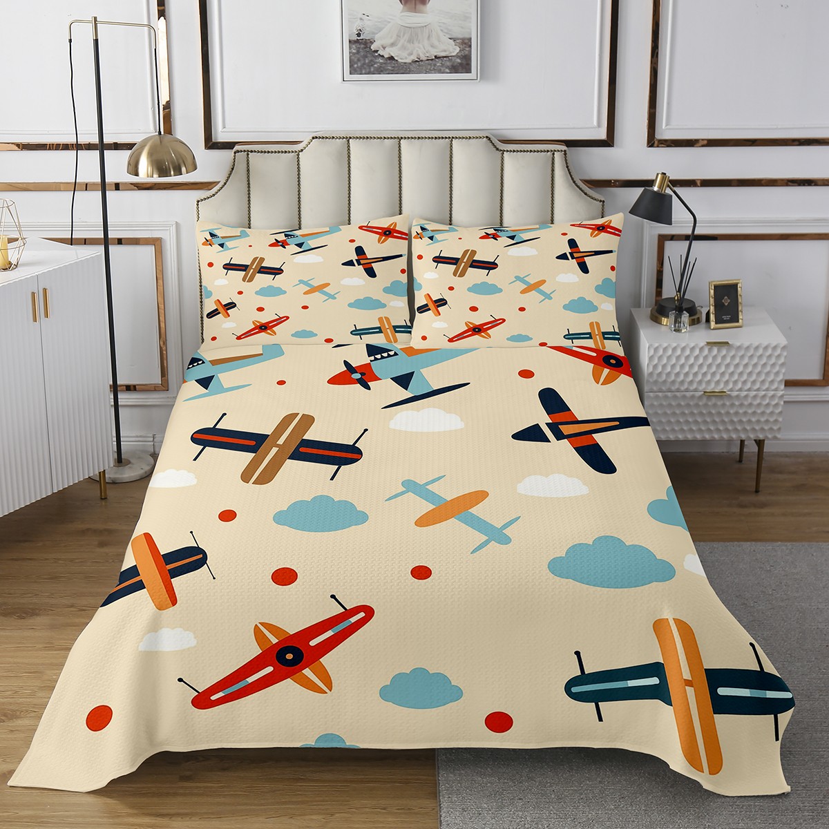YST Kids Airplane Bedspread Set Twin Size, Cartoon Aircraft Quilt Set ...